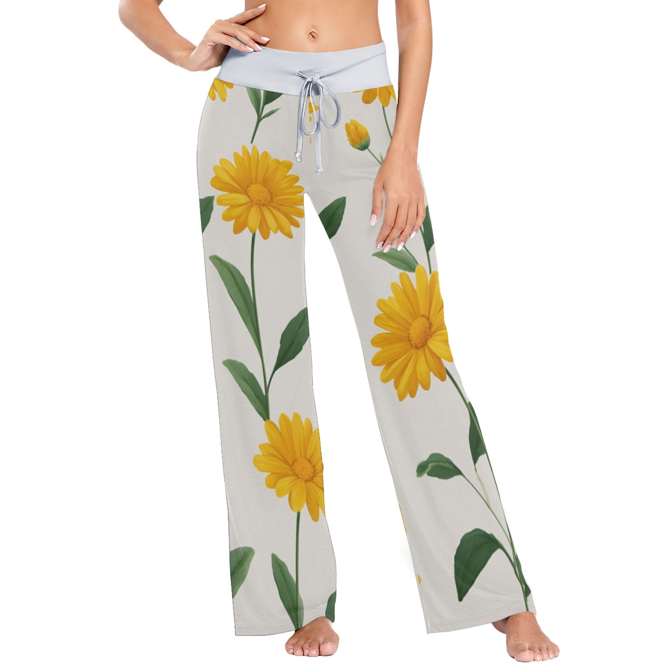 Comfy Casual Women's Pajama Floral Print Wide Leg Pants Yellow Daisies ...