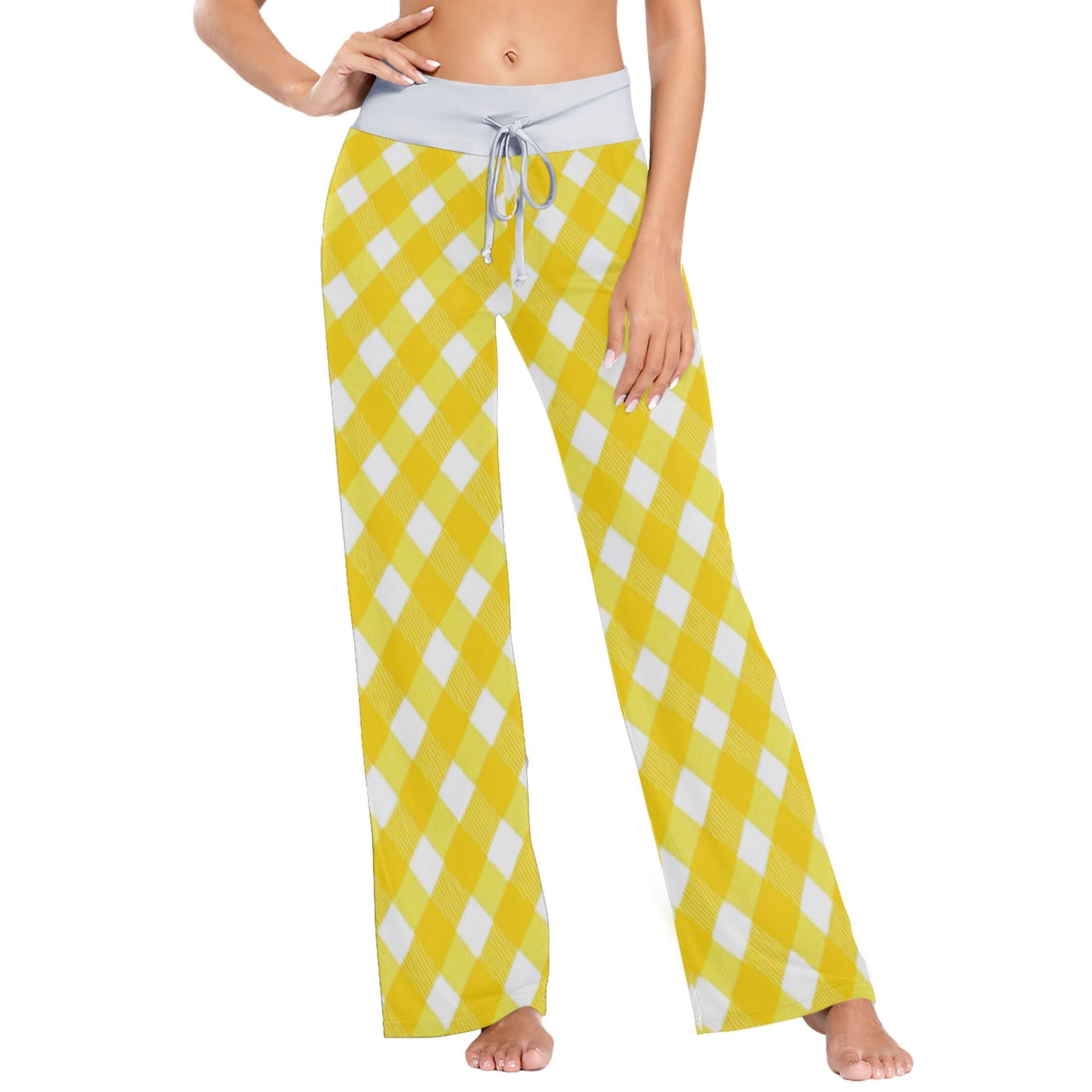 Comfy Casual Women's Pajama Floral Print Wide Leg Pants Yellow Gingham ...