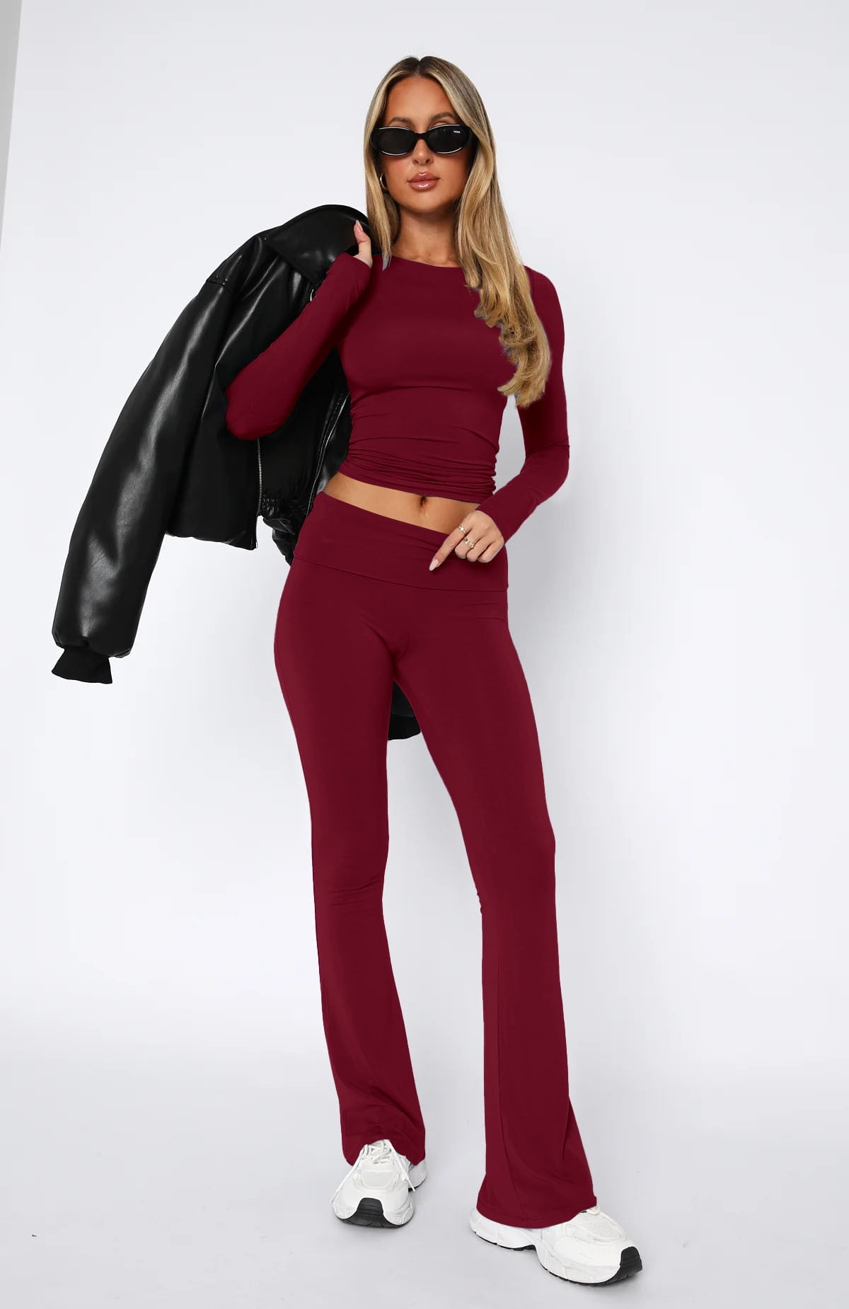 Comfy Cropped Top Flare Pants Set (L, Red) - Walmart.com