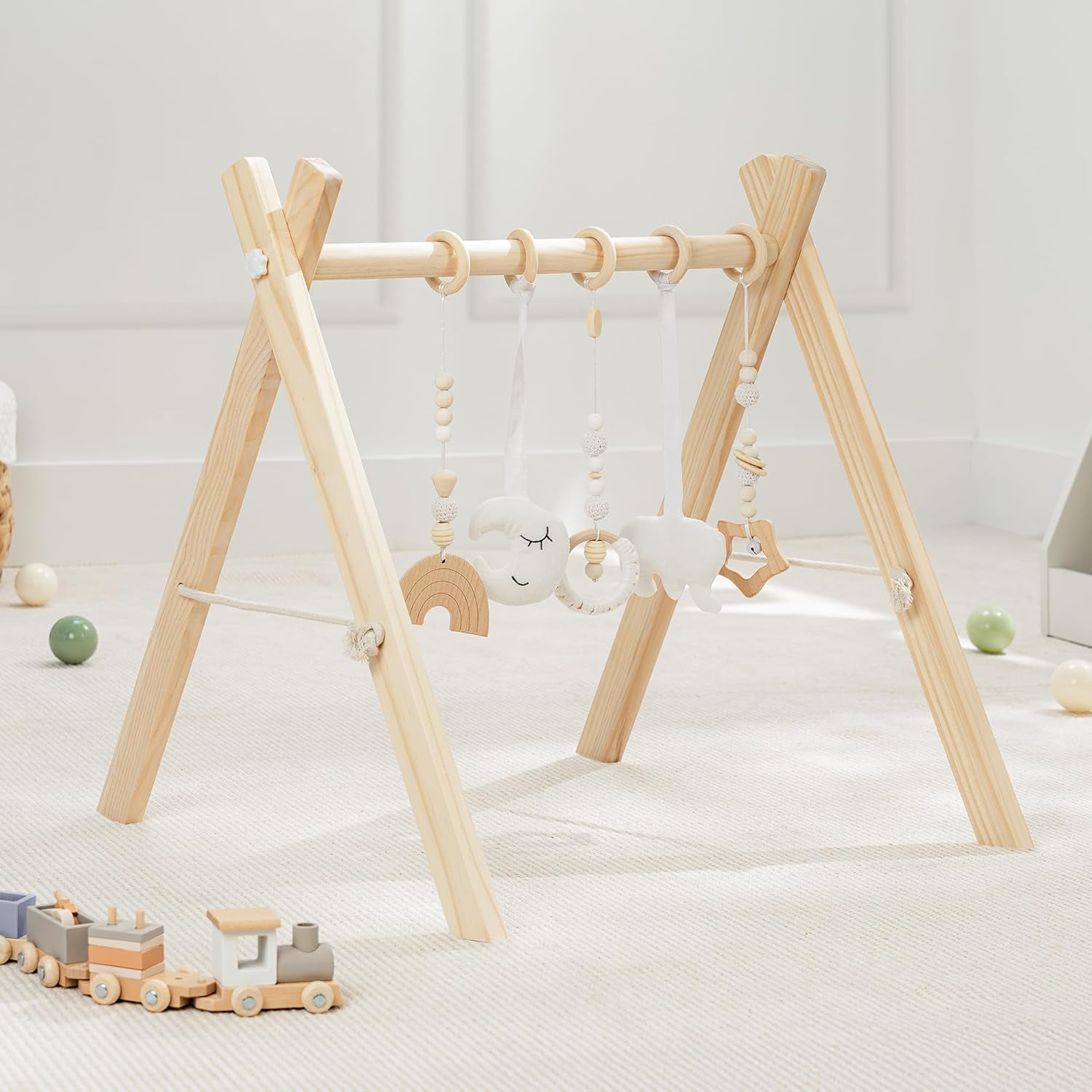Comfy Cubs Baby Play Gym Set, Wooden Hanging Bar with Gym Toys ...