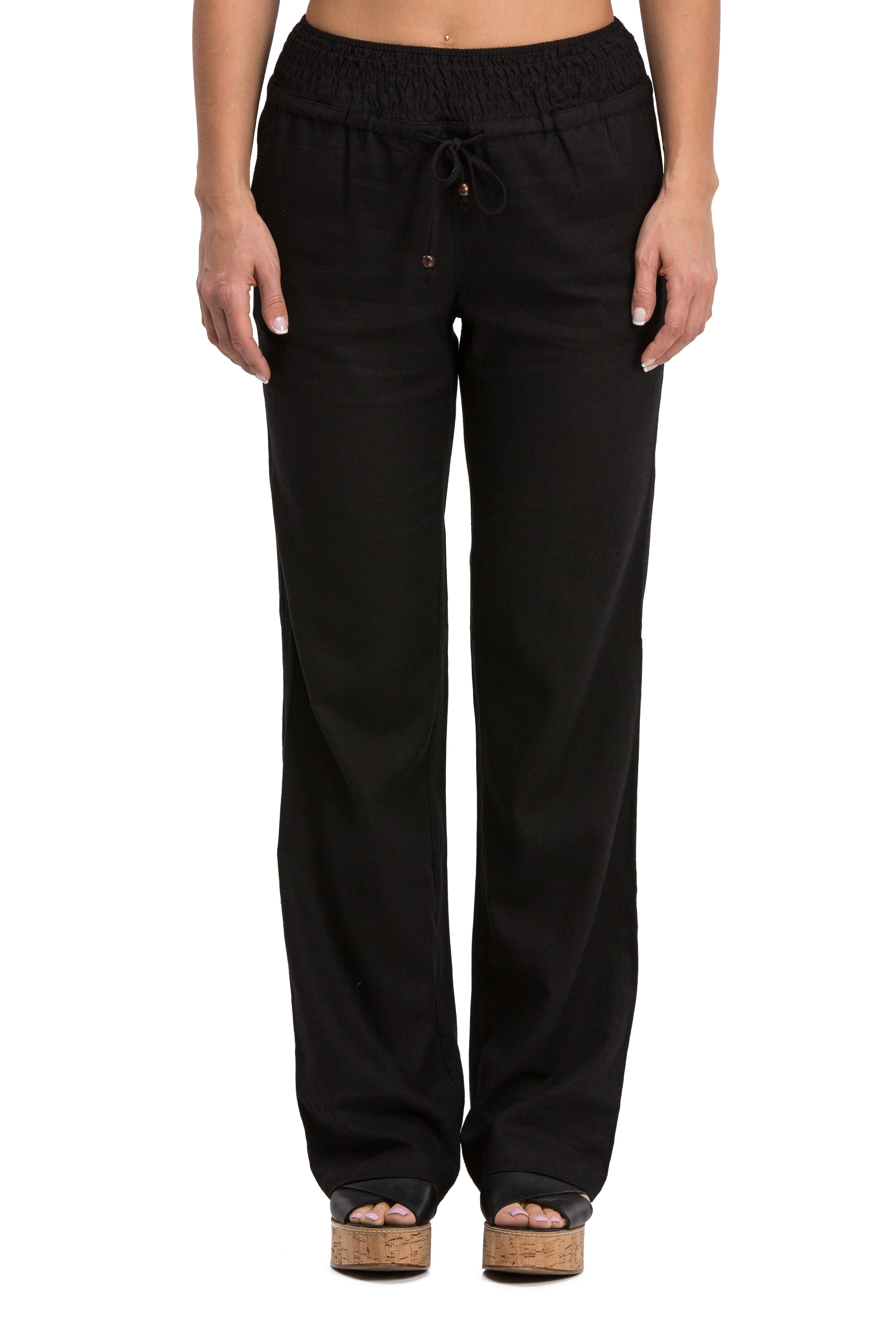Comfy Drawstring Linen Pants Long with Smocked Band Waist (Black ...