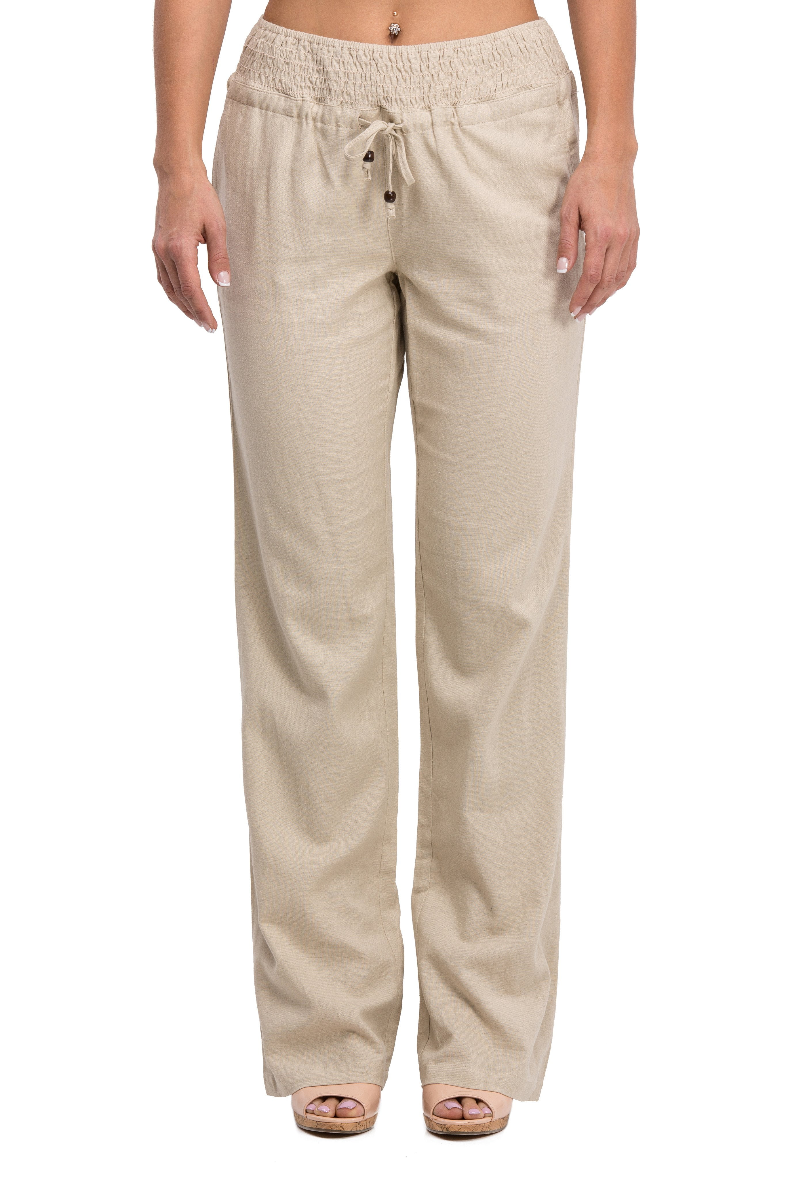 Comfy Drawstring Linen Pants Long with Smocked Band Waist (Natural ...