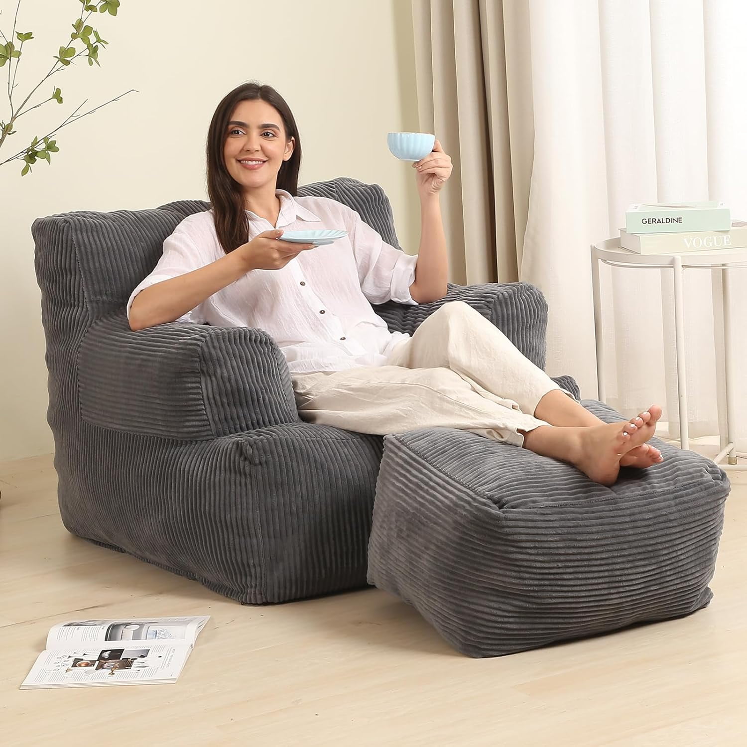 Comfy Gaint Bean Bag Chair with Ottoman Fluffy Huge Bean Bag Armchair ...