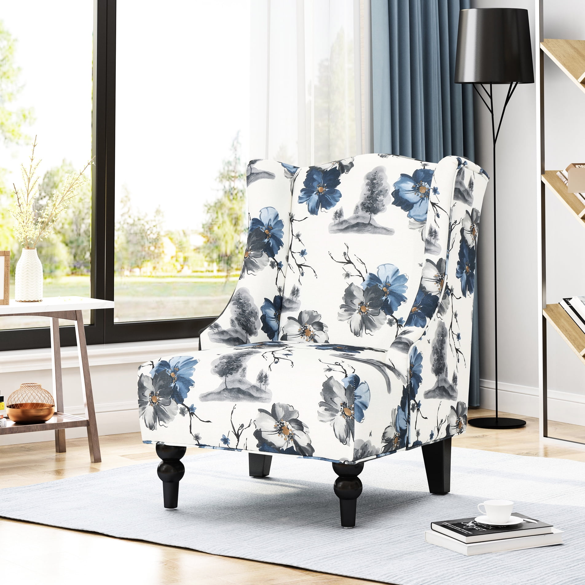 Comfy High-back Club Chair With Wingback, Beige + Blue Flower Fabric ...