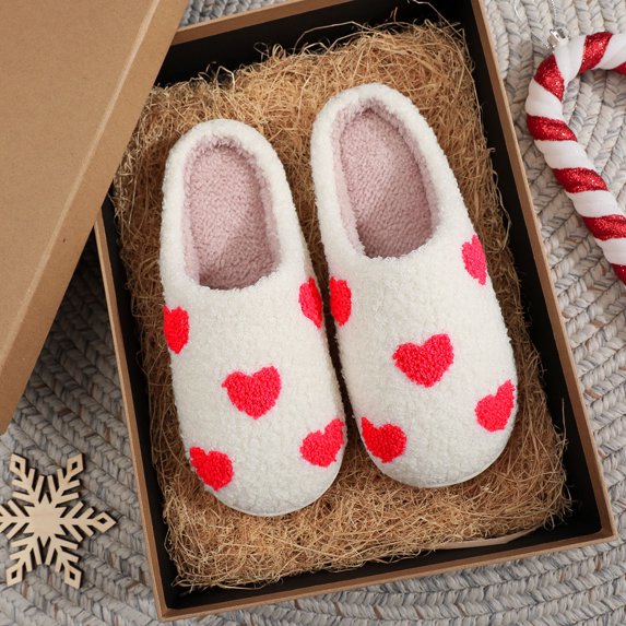 Comfy House Slippers For Women Men Ladies Heart Print Fuzzy Bedroom ...