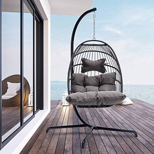 Comfy Indoor Outdoor Egg Chair, Patio Wicker Egg Shaped Swing Chair with Stand, Hanging Basket ...