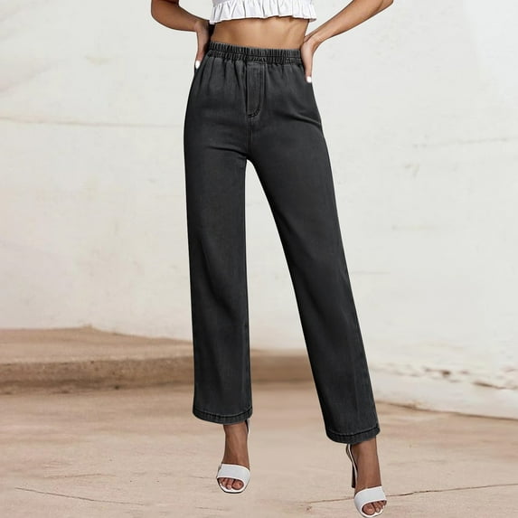 Comfy Jeans for Women Elastic Waist Black Pants Women Straight Leg ...