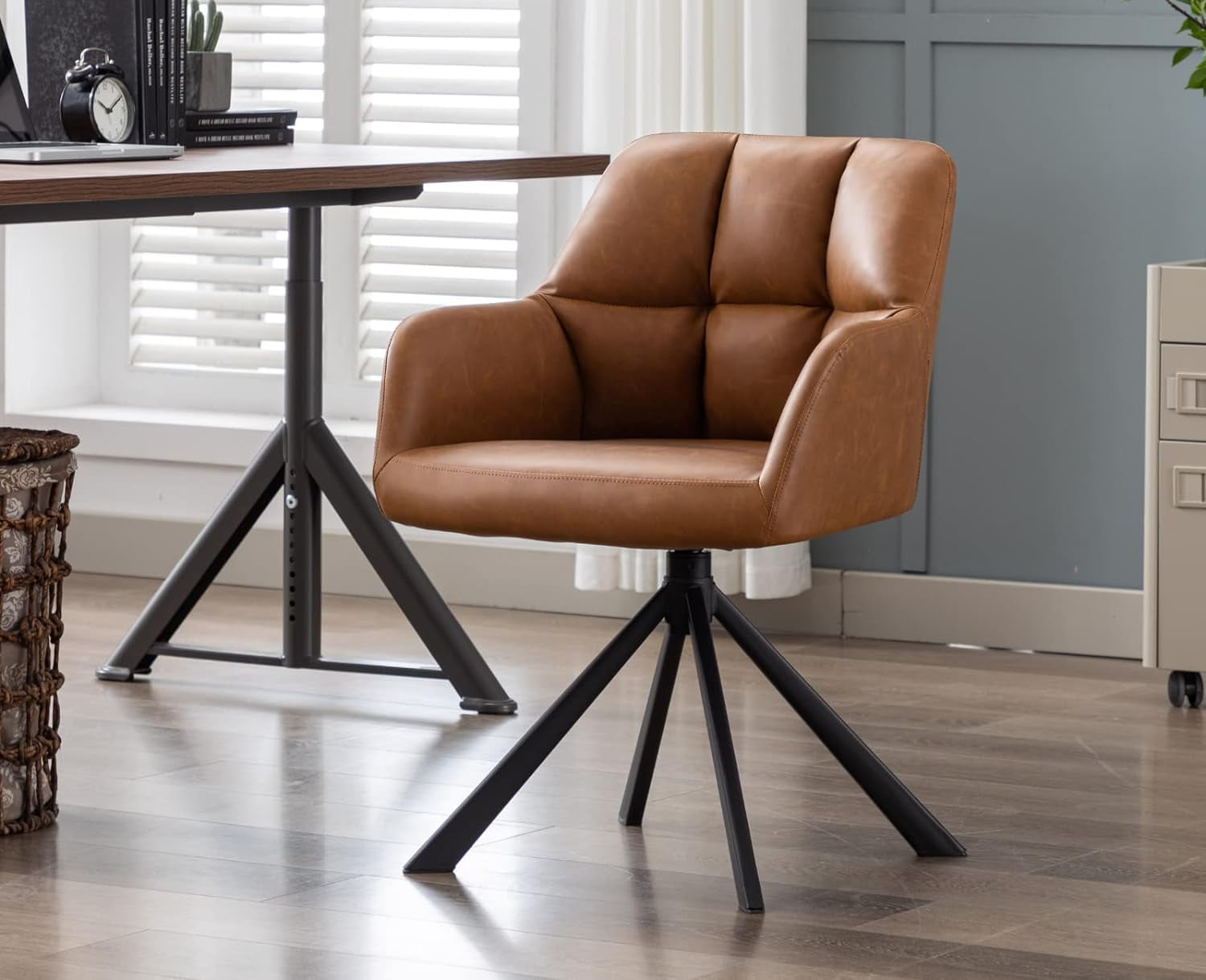 Comfy Leather Desk Chair Modern Computer Task Chair no Wheels Swivel ...