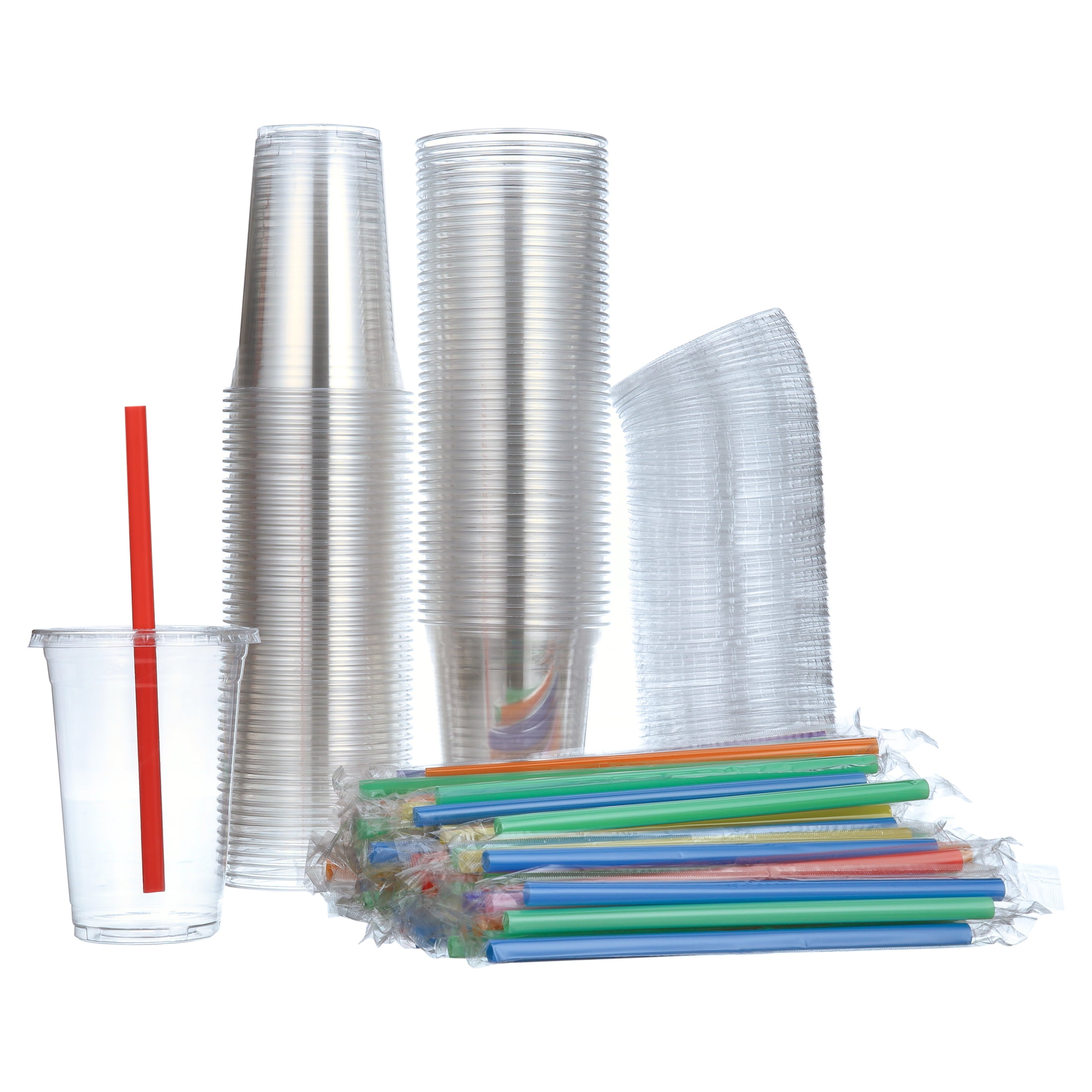 Comfy Package 20 Oz Disposable Clear Plastic Cups with Flat Lids & Boba ...