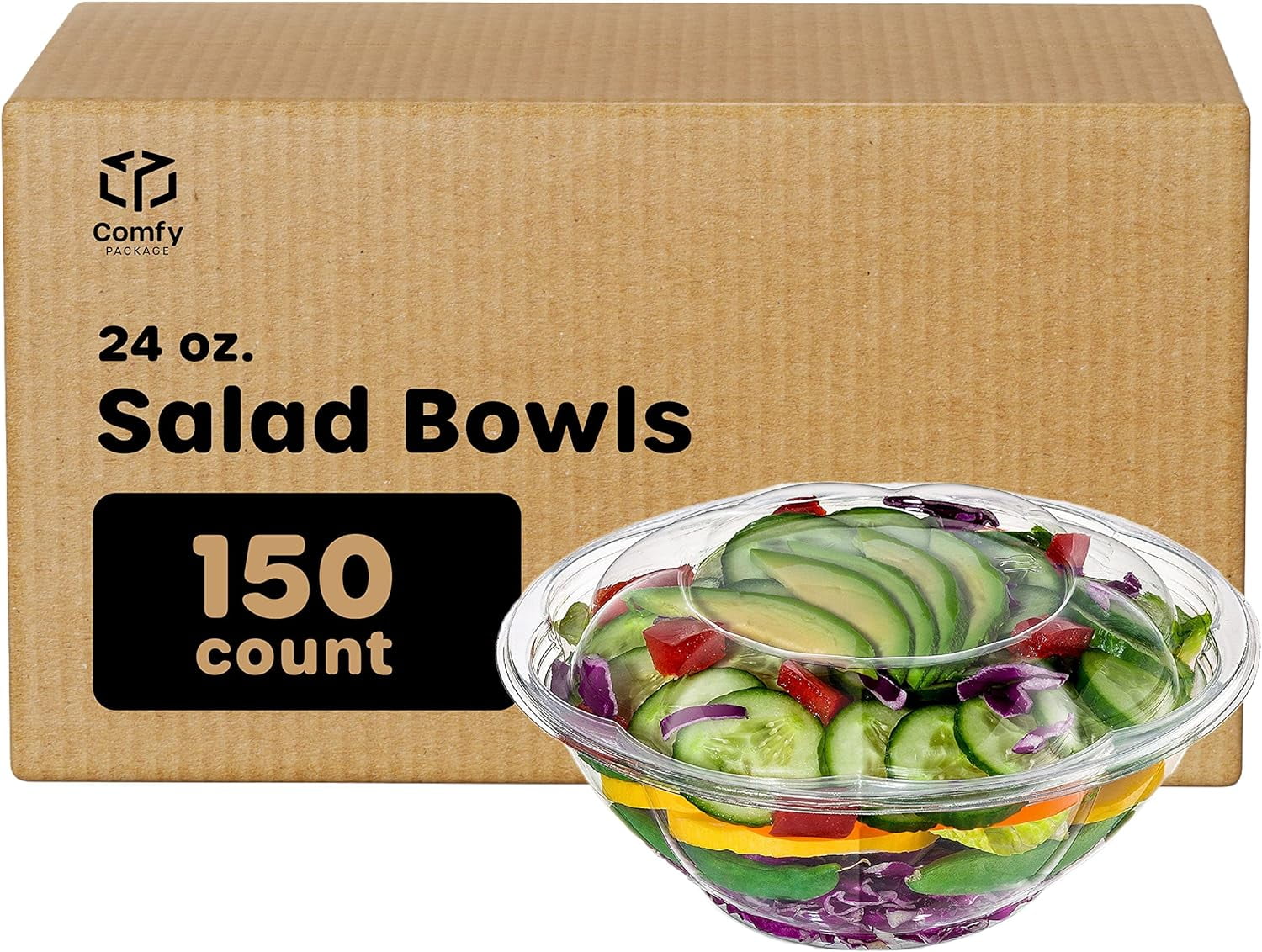 Comfy Package [Case of 150 24 oz. Clear Plastic Salad Bowls with Lids ...