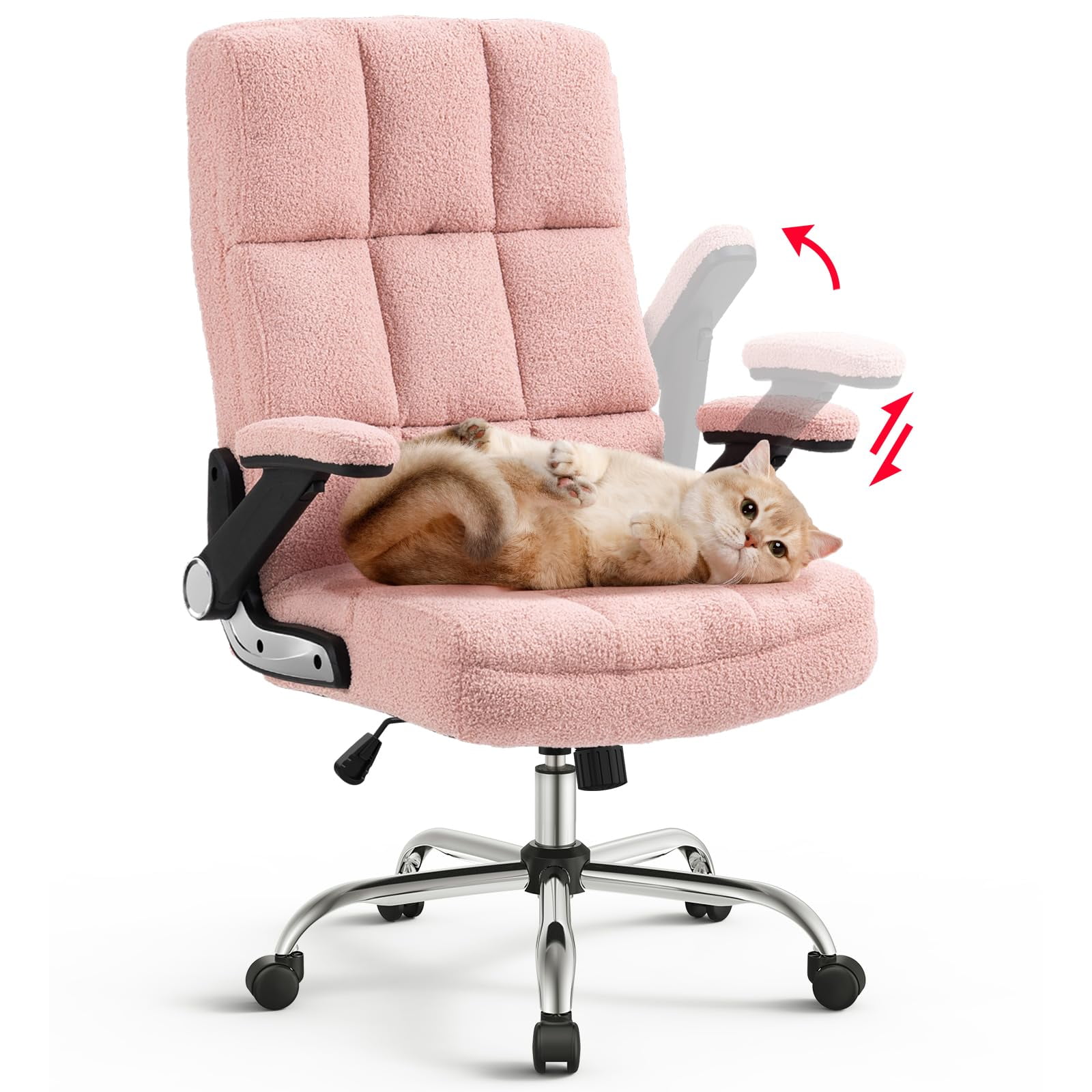 Comfy Pink Faux Fur Computer Chair, Swivel Ergonomic Design with ...