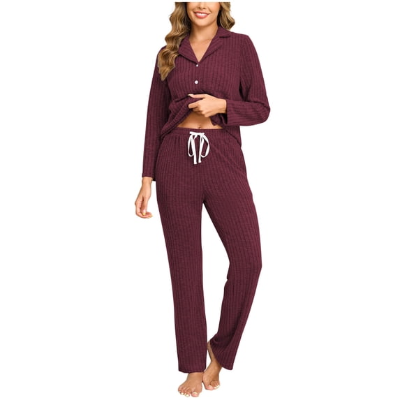 Comfy Ribbed Knit Pajamas Sets for Women Long Sleeve Button Down Shirts ...