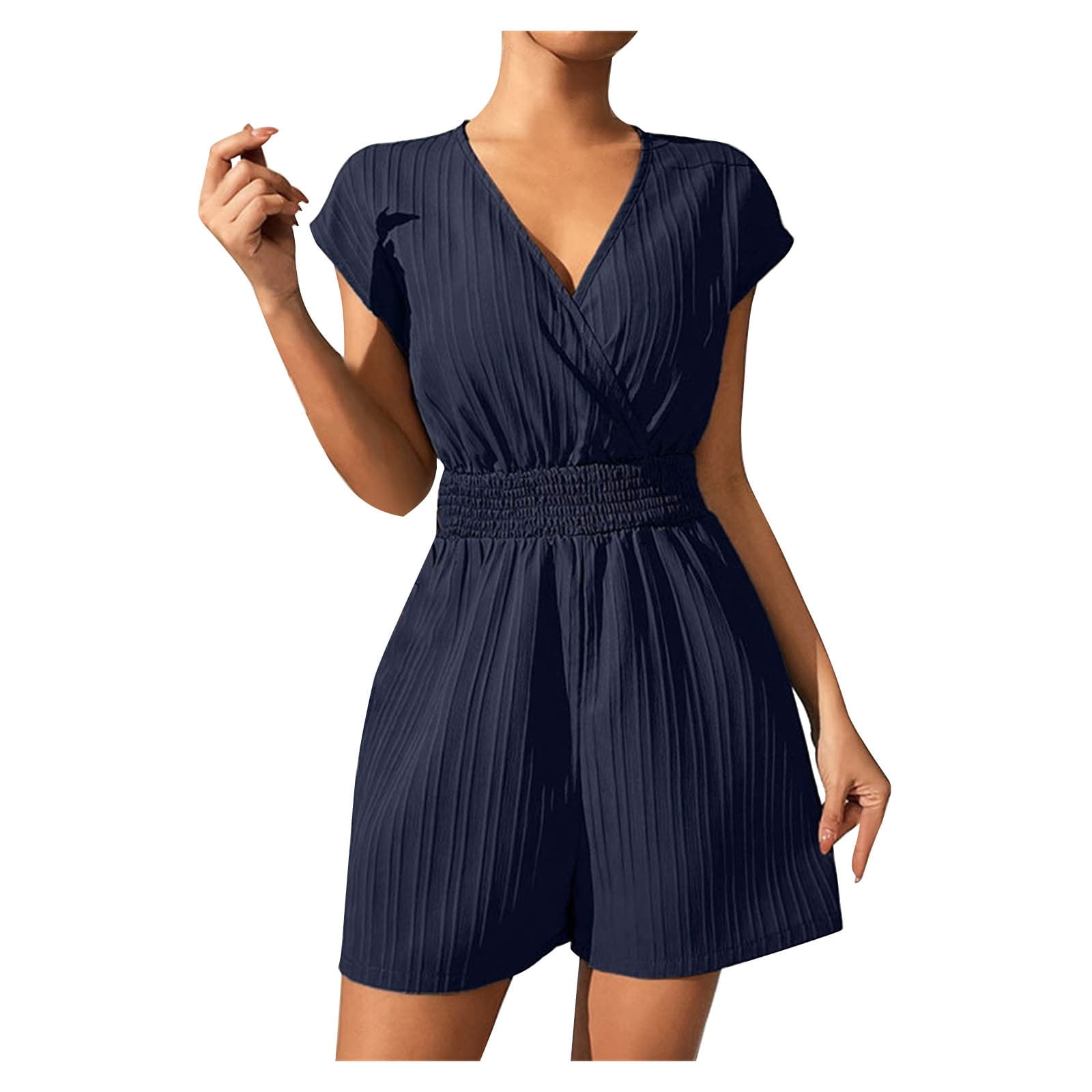 Comfy Short Jumpsuits Women Cap Sleeve Summer Pleated Wrap V Neck ...