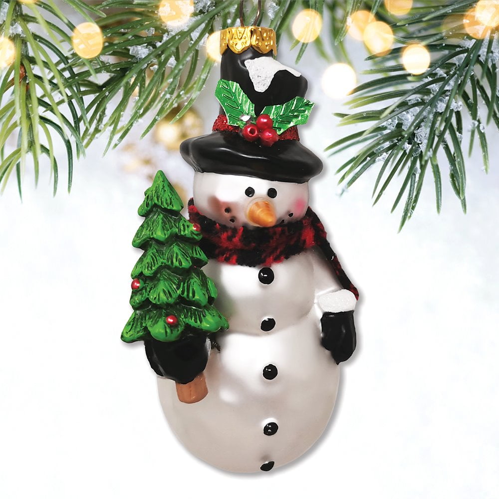 Comfy Snowman and Radiant Christmas Tree Blown Glass Holiday Ornament ...
