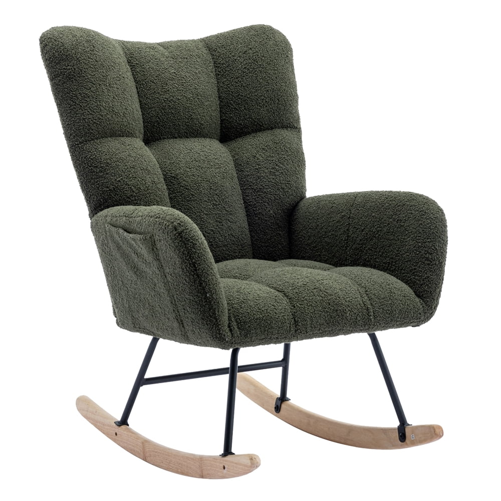 Dark Green Comfy Wingback Rocker, Teddy Upholstered, Solid Wood Base ...