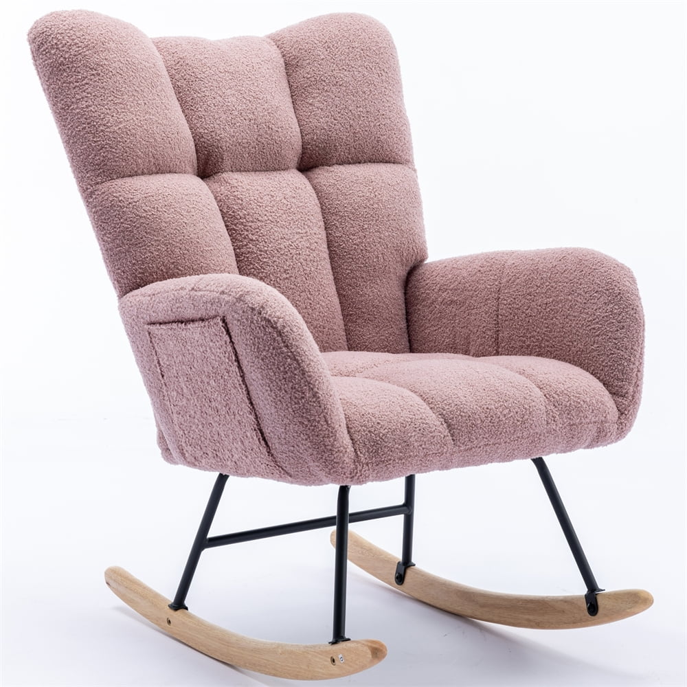 Pink Teddy Upholstered Nursery Glider Rocker Chair, Solid Wood Base ...
