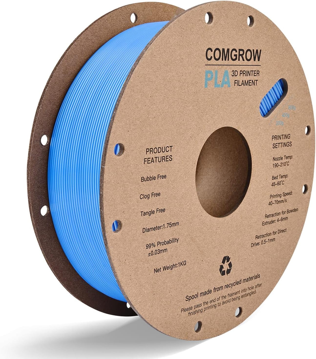 Comgrow PLA 3D Printer Filament, 1.75mm, +/- 0.02 mm Accuracy, 1KG ...
