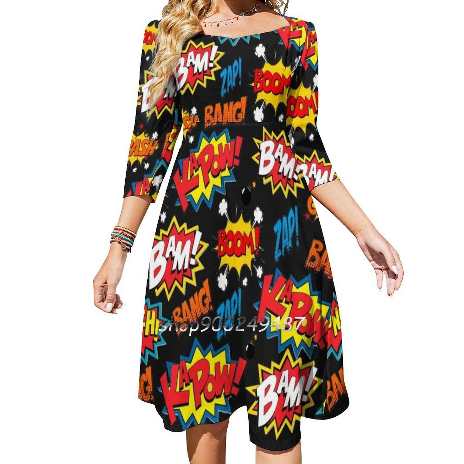 Comic Book Explosion Square Neck Dress Cute Loose Print Dresses Elegant ...