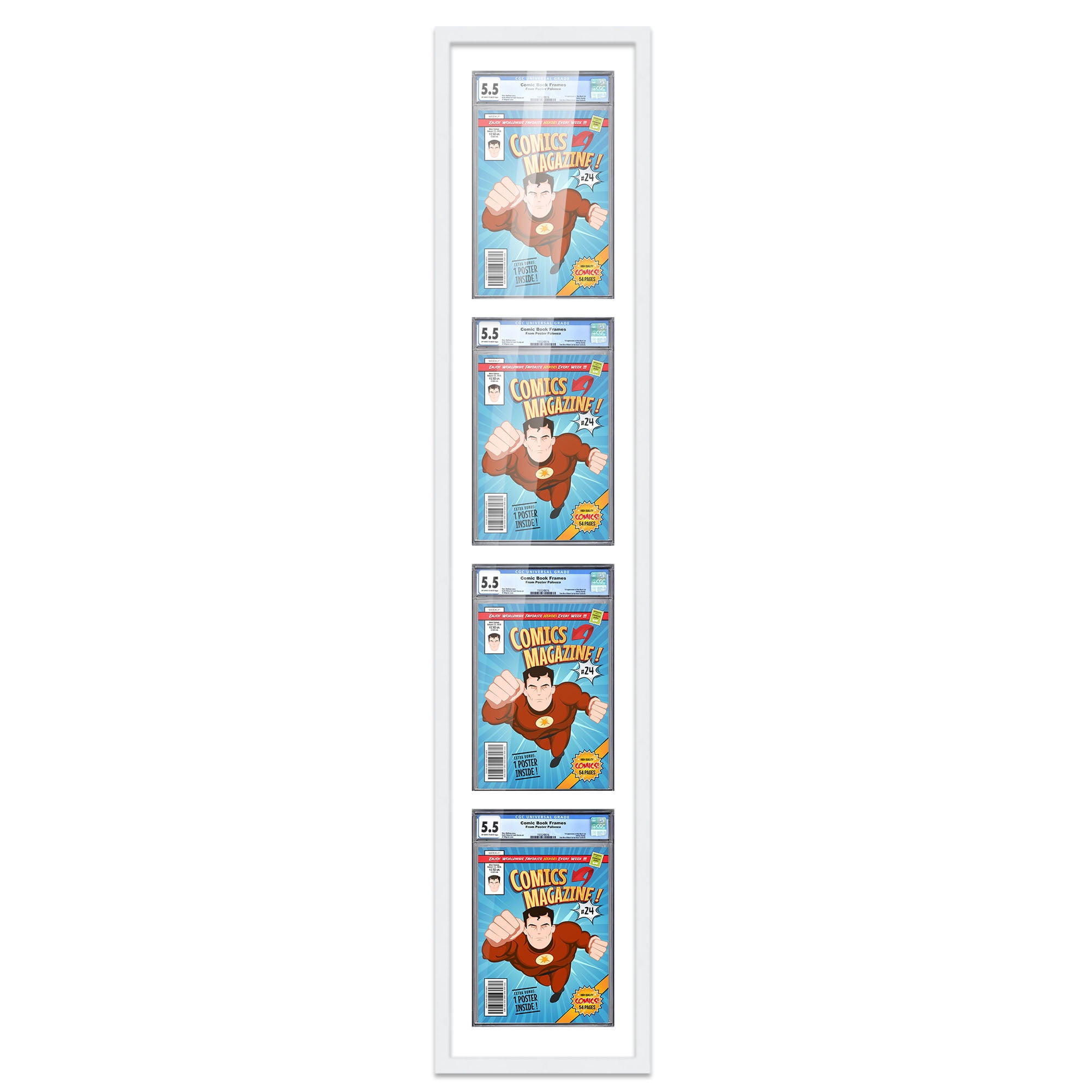 Comic Book Frame Wall Display with Mat for 4 CGC, CBCS OR PGX Graded Comics - White Comic Frame ...