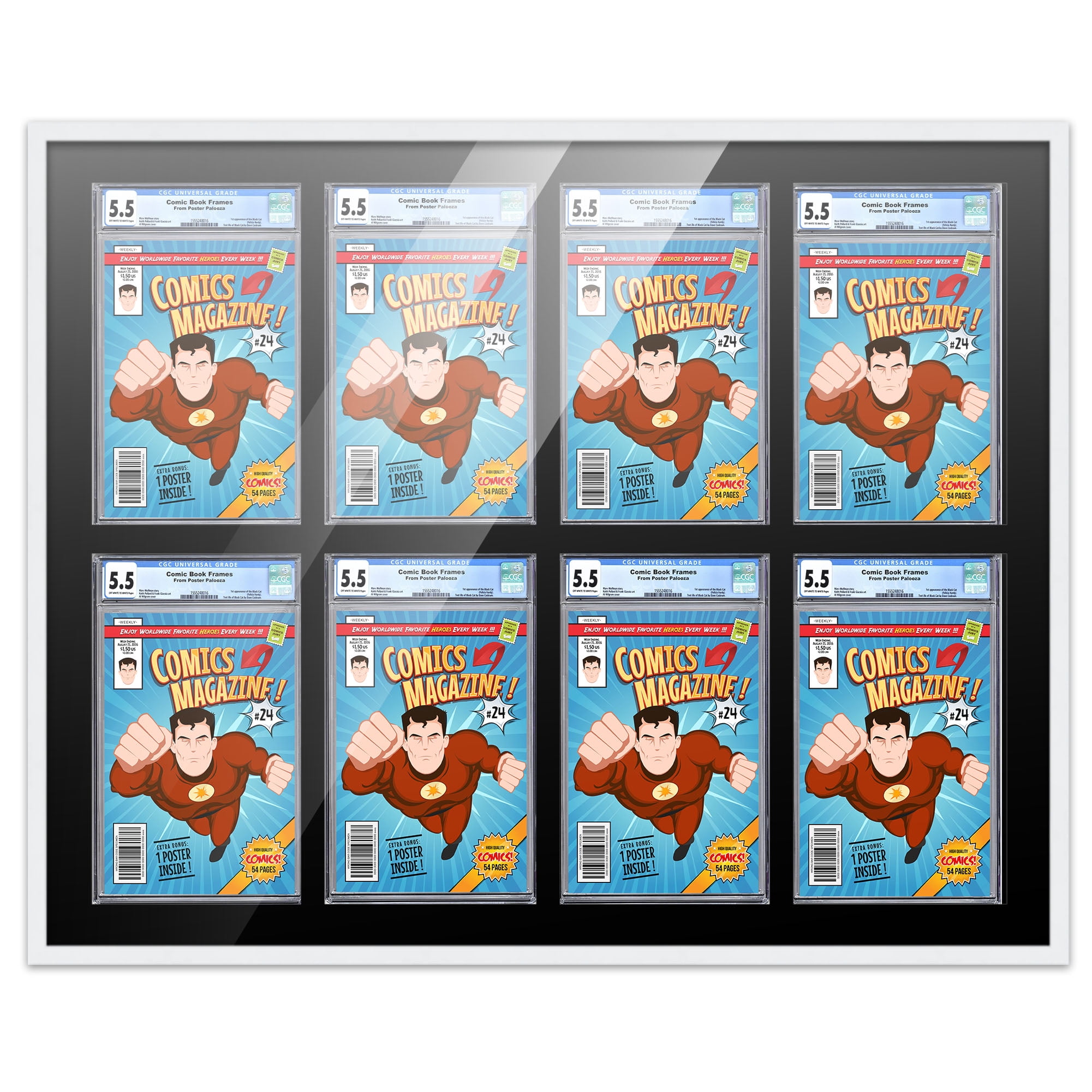 Comic Book Frame Wall Display with Mat for 8 CGC, CBCS OR PGX Graded Comics - White Comic Frame ...