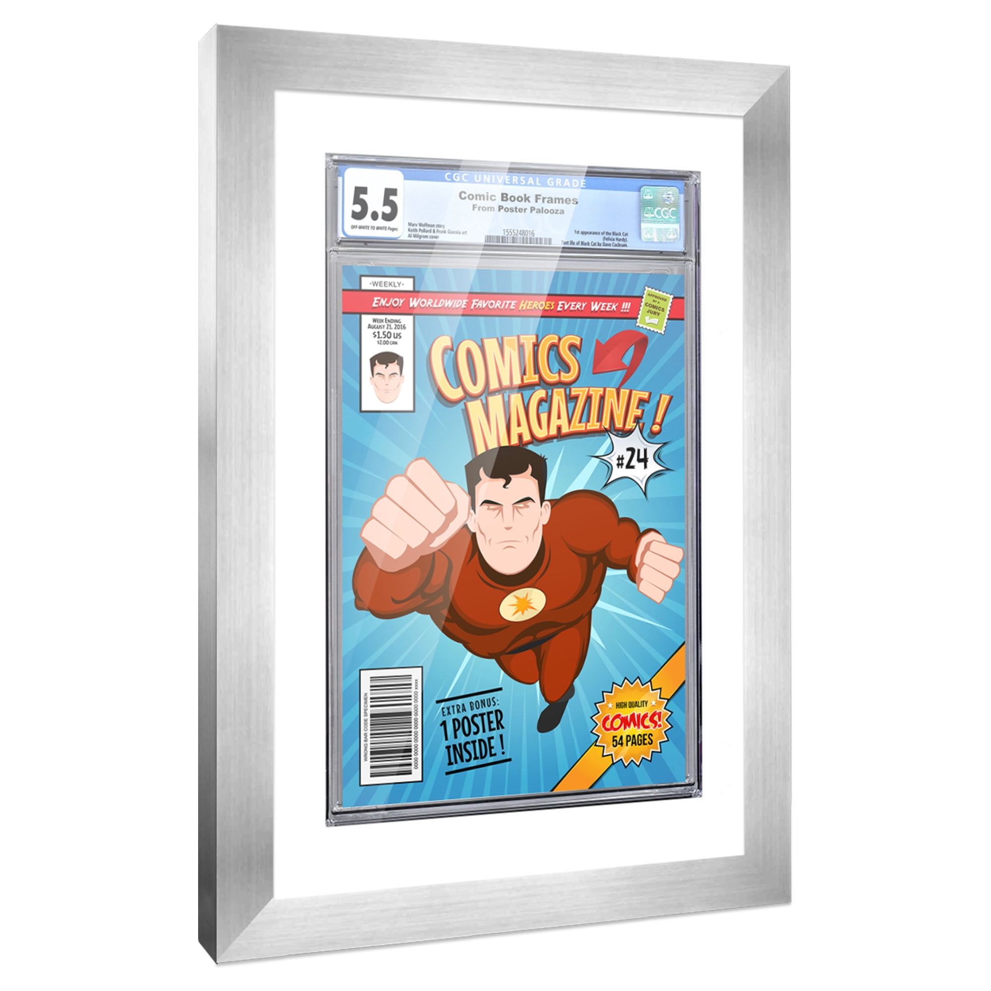 Comic Book Frame with Mat for 1 Graded Comic - Silver Wood Comic Frame ...