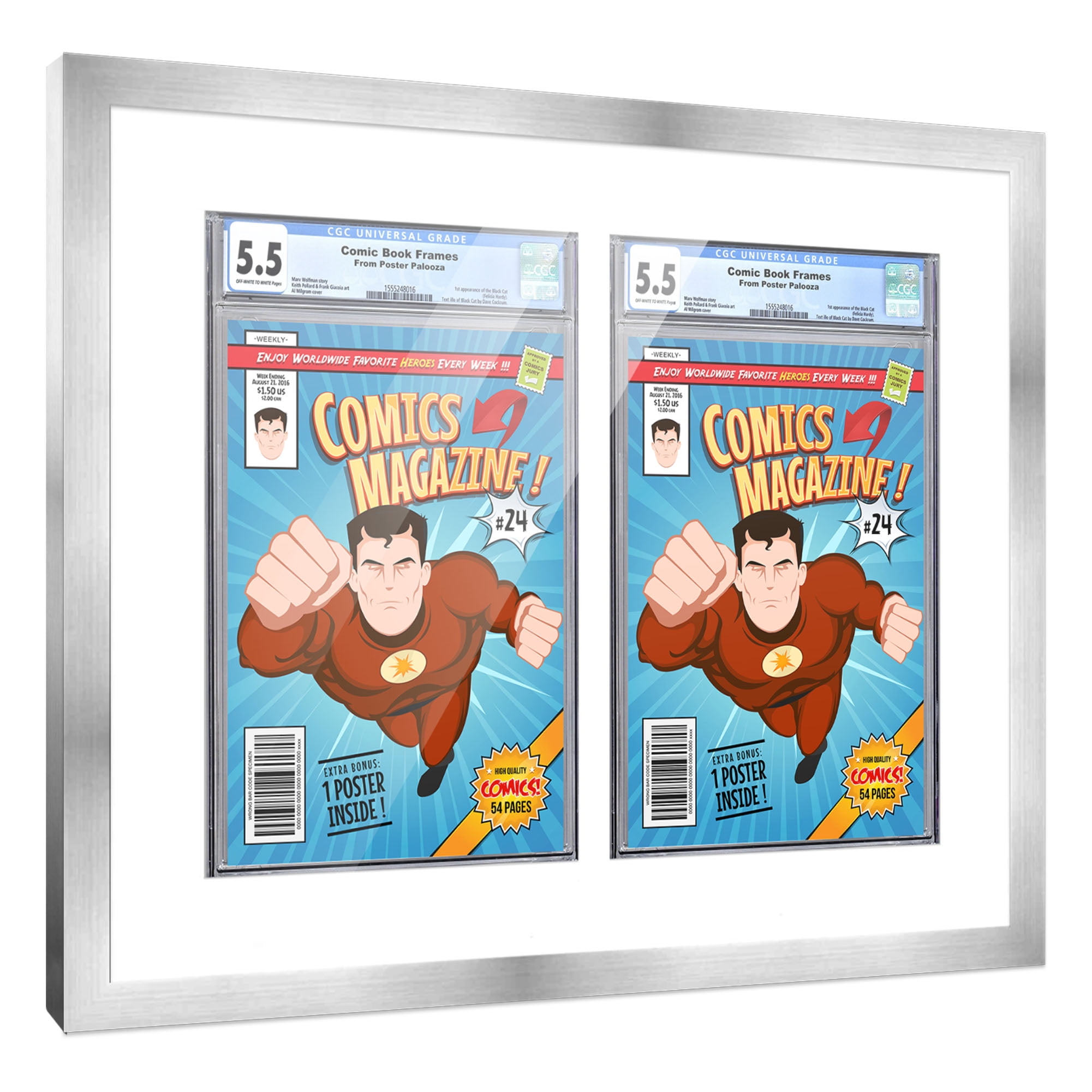 Comic Book Frame with Mat for 2 CGC, CBCS OR PGX Graded Comics - Silver Frame for 8.125x13 ...