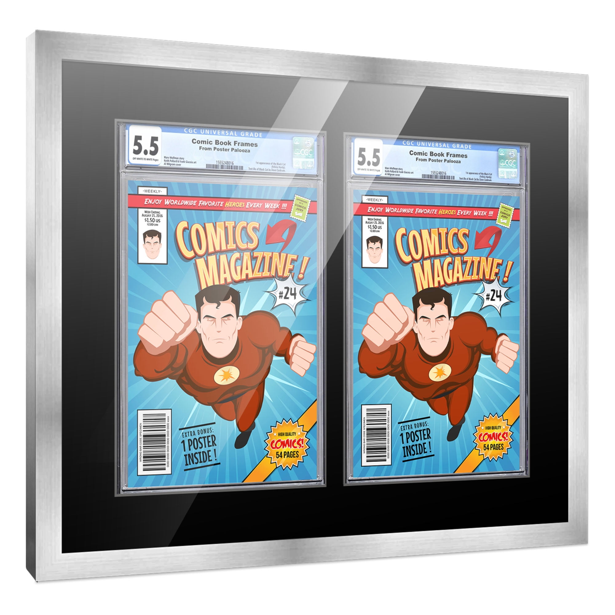 Comic Book Frame with Mat for 2 Graded Comics - Silver Wood Comic Frame ...