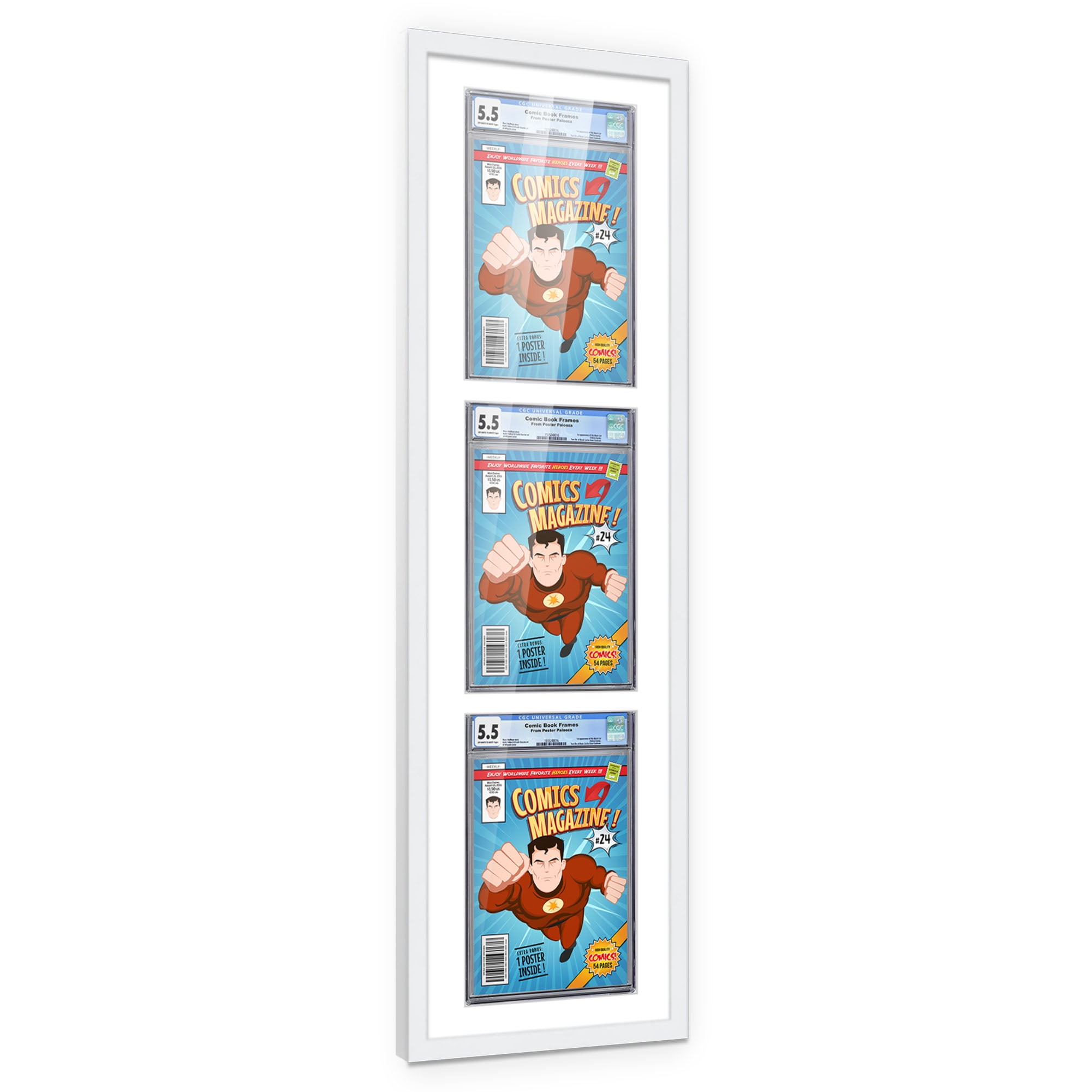 Comic Book Frame with Mat for 3 CGC, CBCS OR PGX Graded Comics - White Frame for 8.125x13 Comics ...