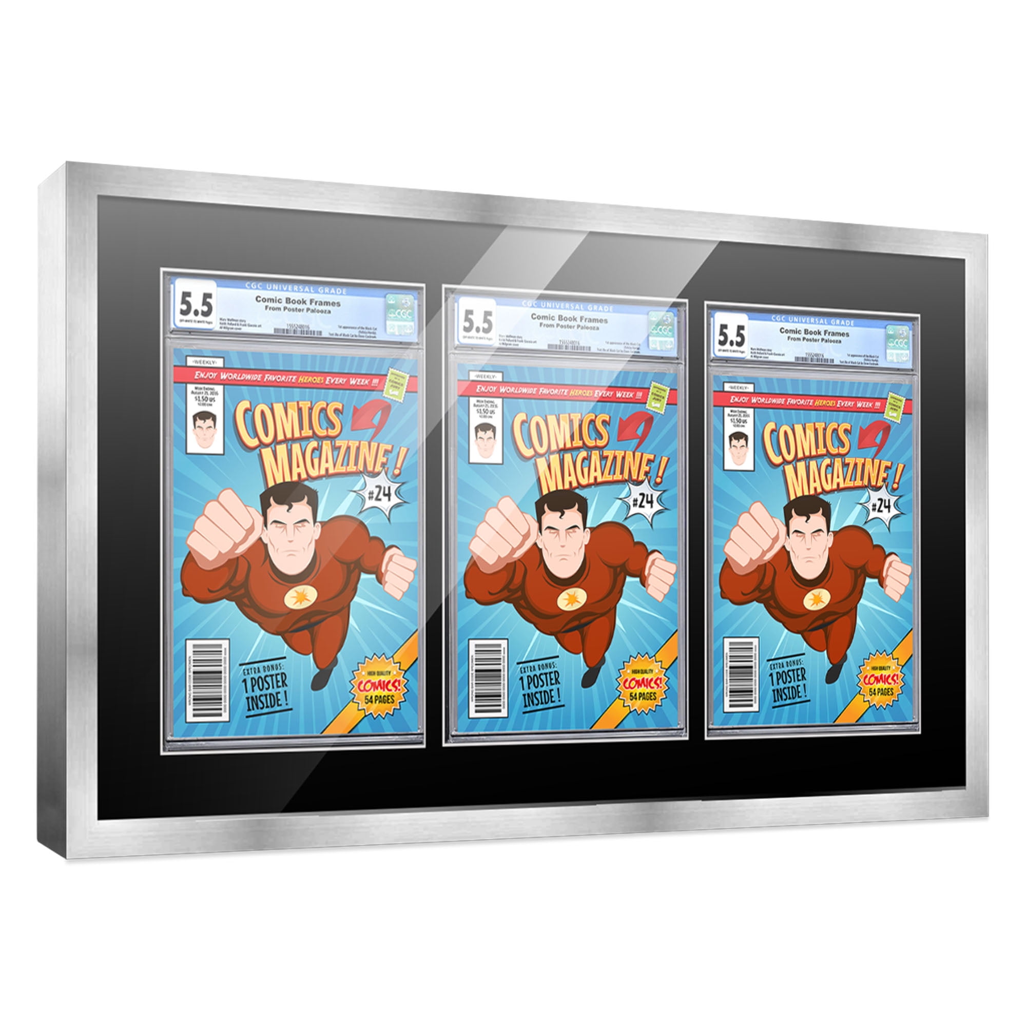 Comic Book Frame with Mat for 3 Graded Comics - Silver Wood Comic Frame ...