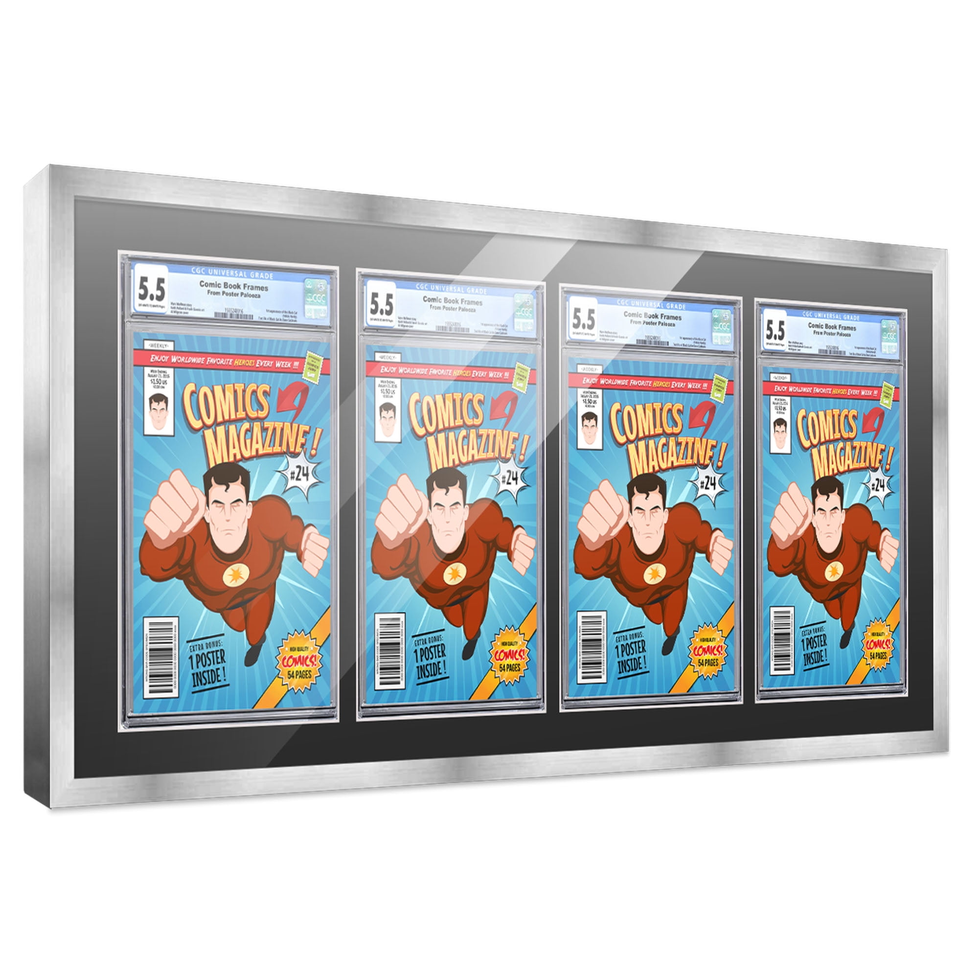 Comic Book Frame with Mat for 4 CGC, CBCS OR PGX Graded Comics - Silver Frame for 8.125x13 ...