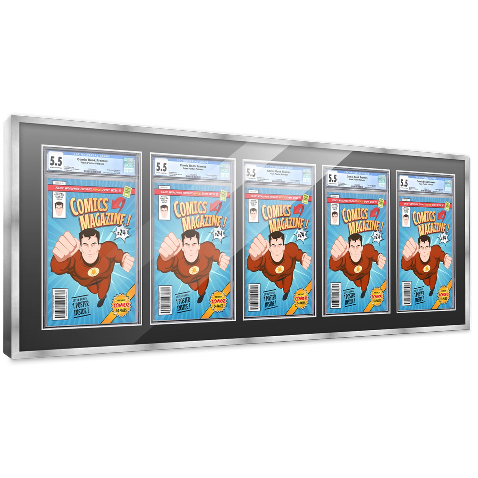 Comic Book Frame with Mat for 5 Graded Comics - Silver Wood Comic Frame ...