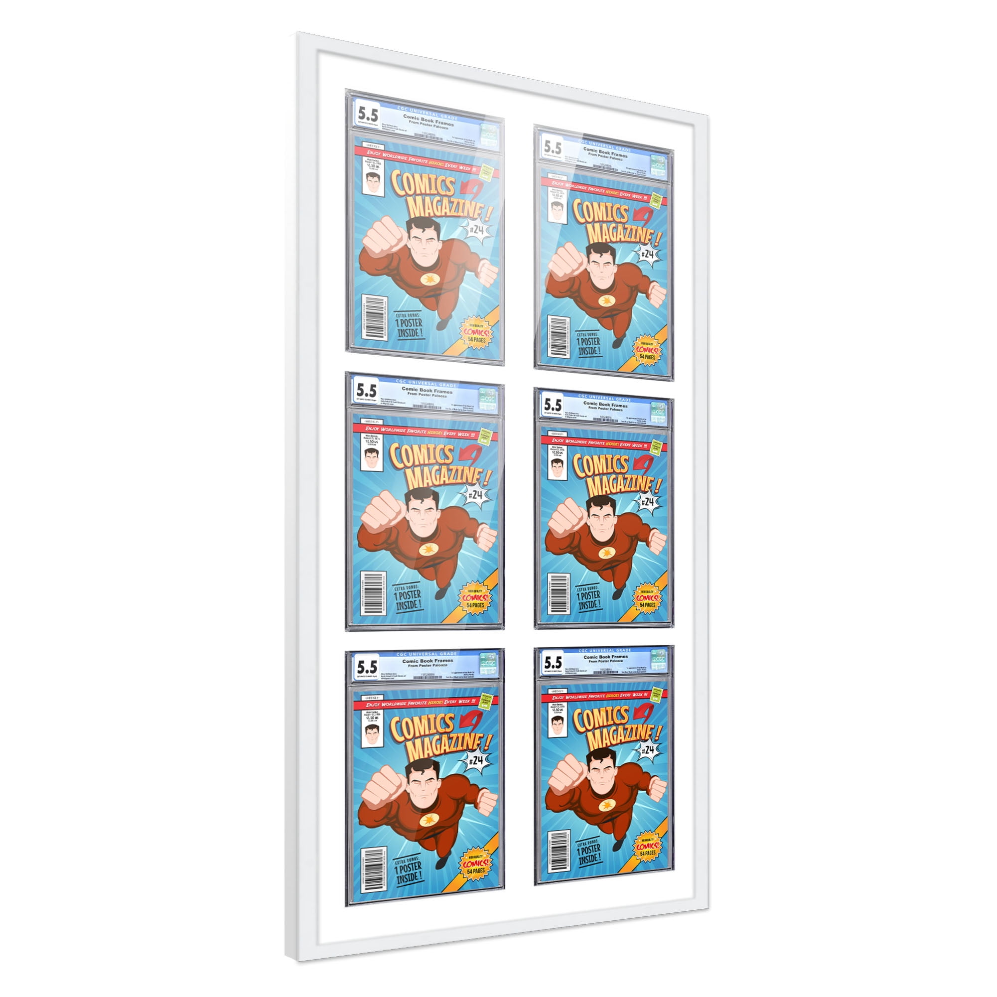Comic Book Frame with Mat for 6 CGC, CBCS OR PGX Graded Comics - White Frame for 8.125x13 Comics ...