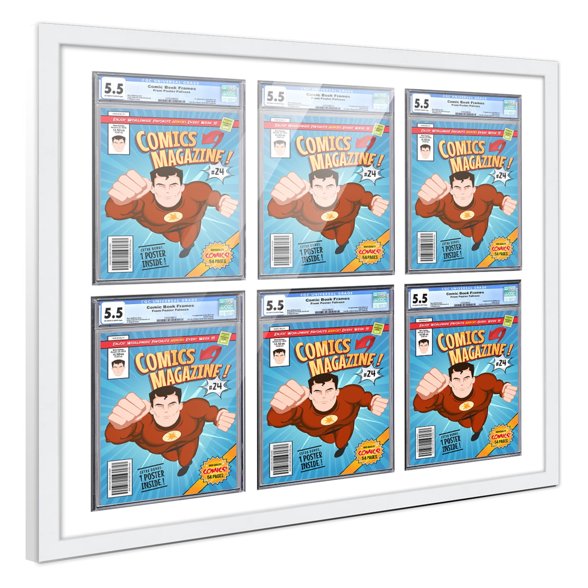 Comic Book Frame with Mat for 6 CGC, CBCS OR PGX Graded Comics - White ...