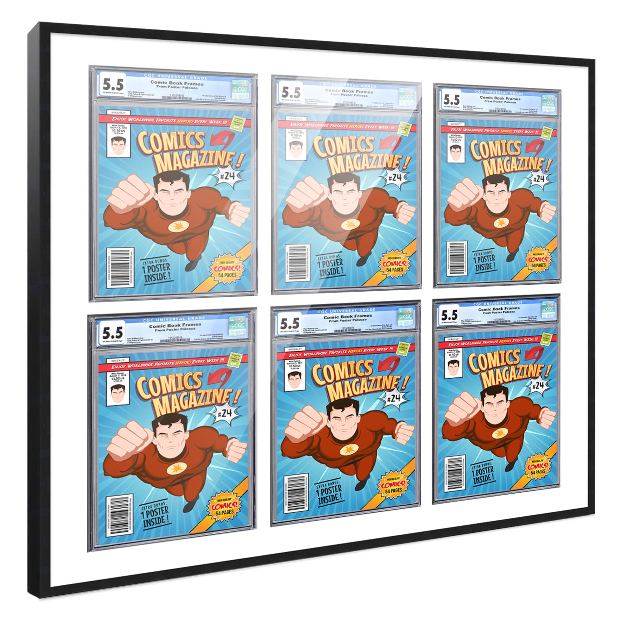 Comic Book Frame with Mat for 6 Graded Comics - Black Wood Comic Frame ...