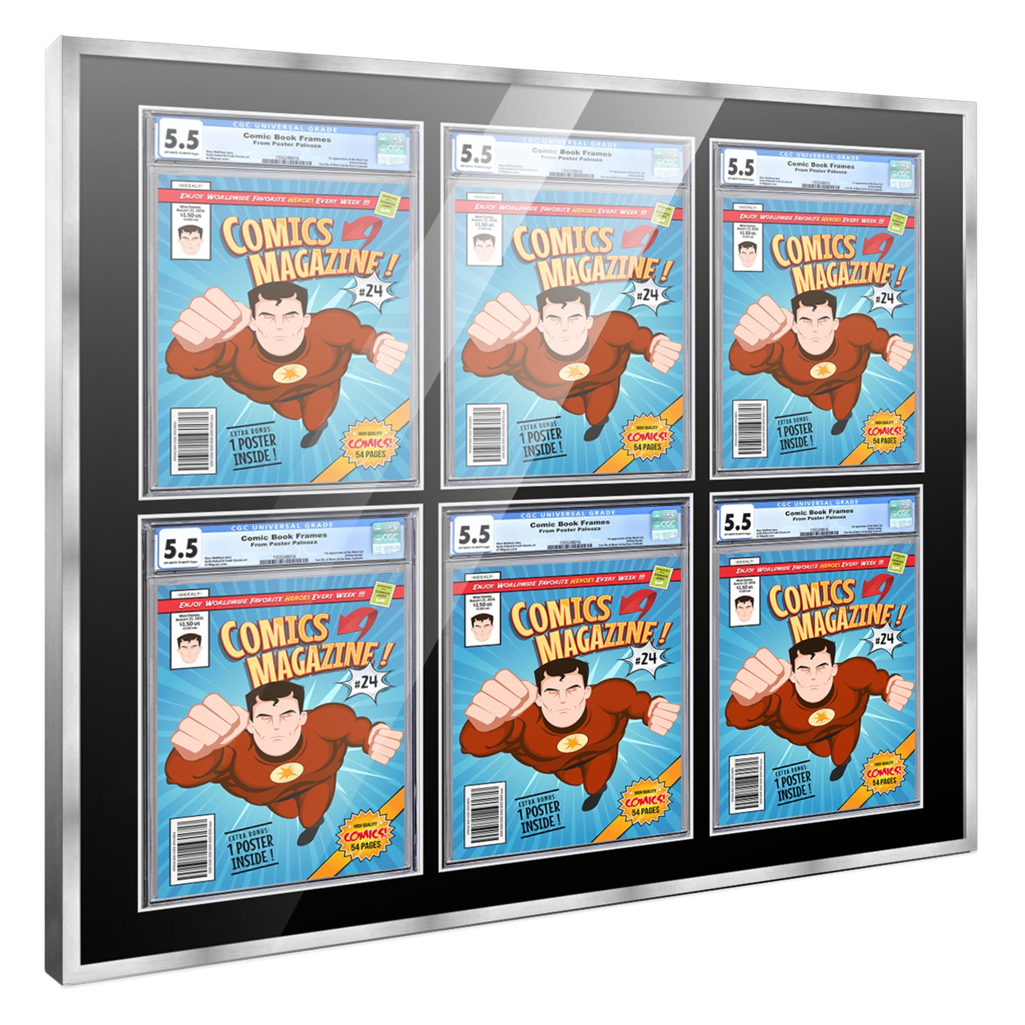 Comic Book Frame with Mat for 6 Graded Comics - Silver Wood Comic Frame ...