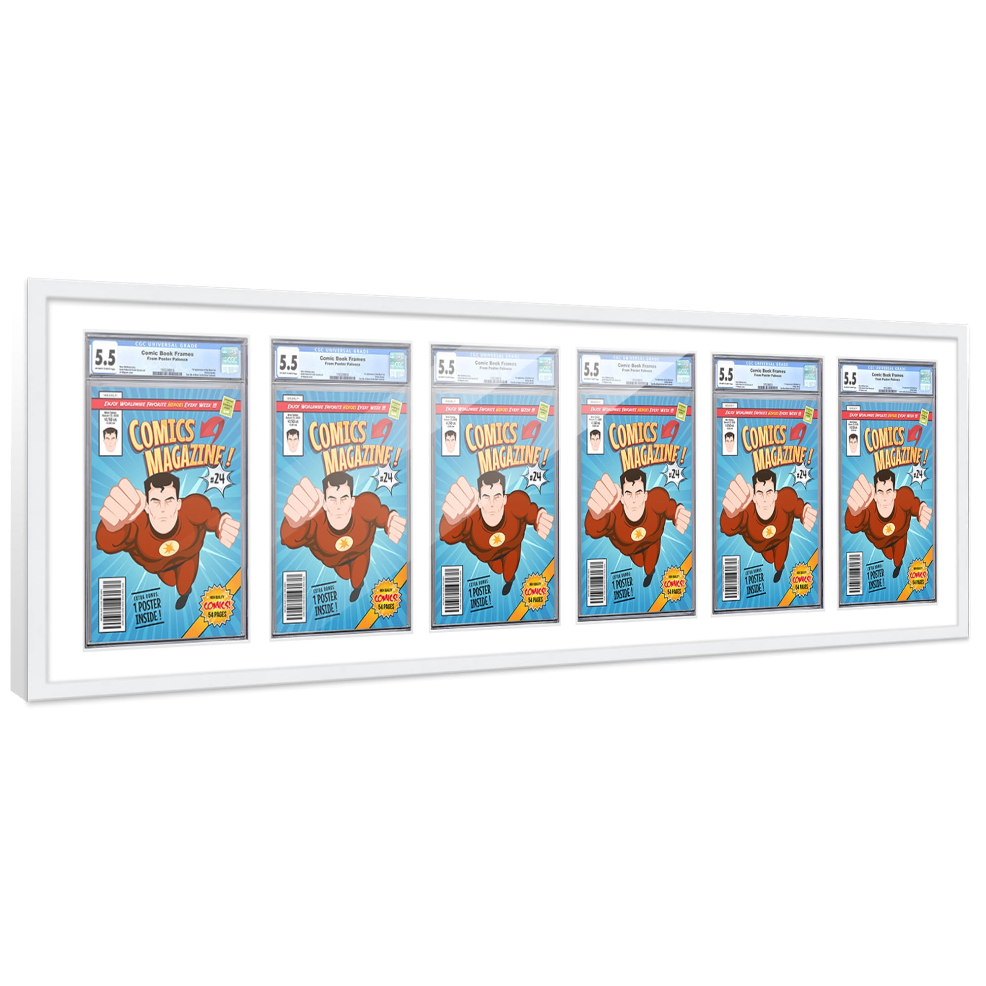 Comic Book Frame with Mat for 6 Graded Comics - White Wood Comic Frame ...