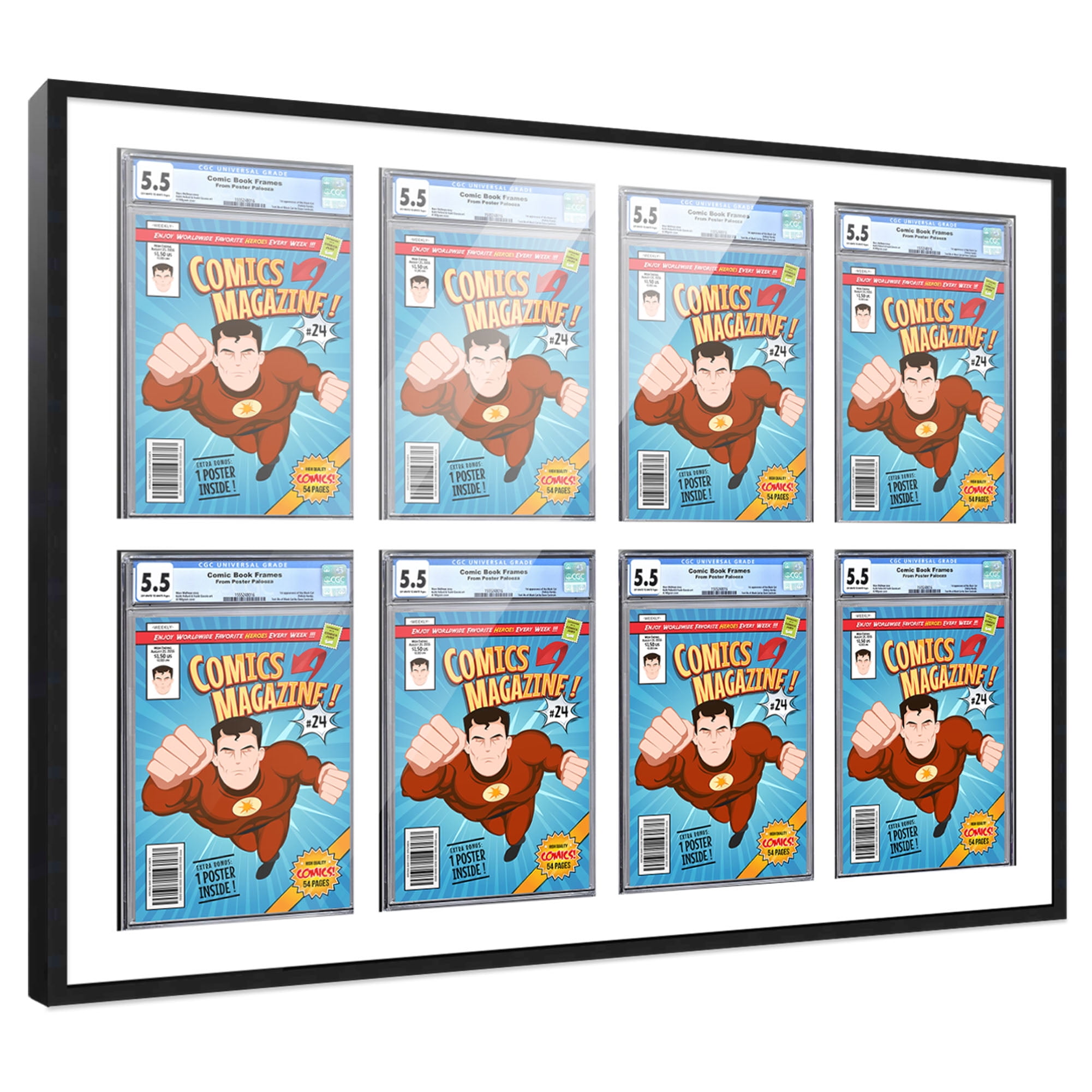 Comic Book Frame with Mat for 8 Graded Comics - Black Wood Comic Frame ...