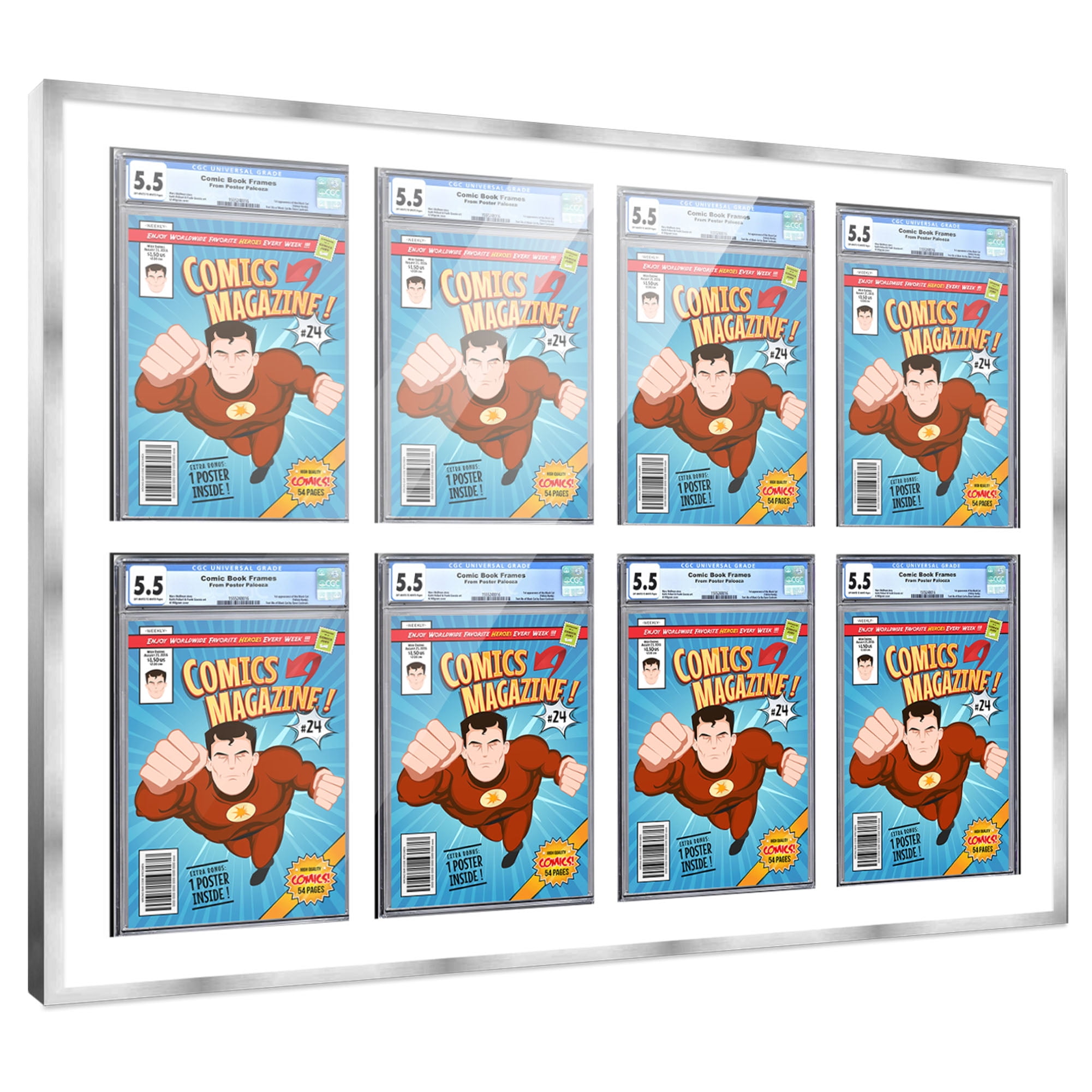 Comic Book Frame with Mat for 8 Graded Comics - Silver Wood Comic Frame ...