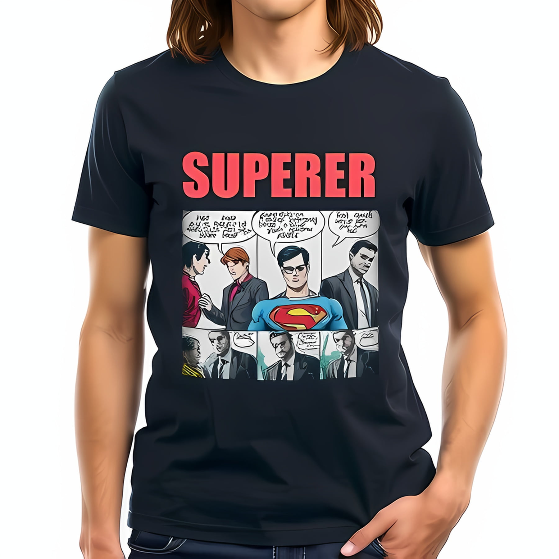Comic Book Style T-Shirt - Dark Navy Blue with 'SUPERER' Graphic ...