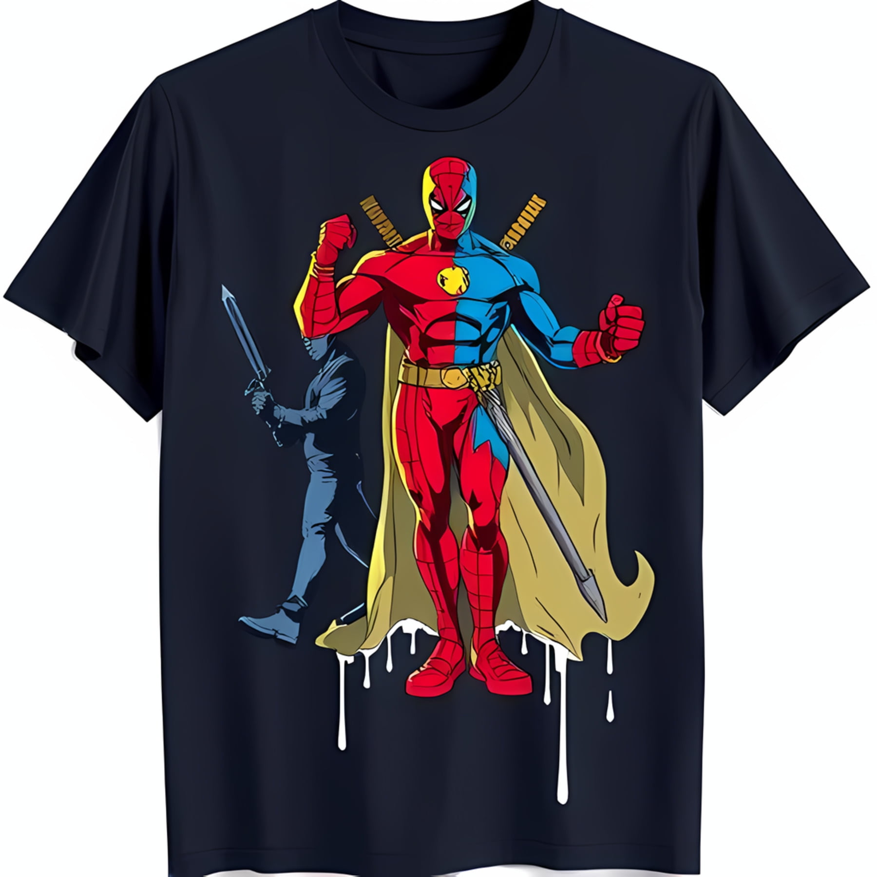 Comic Book Style T-Shirt with Shadowy Figure & Katana Design Blue ...