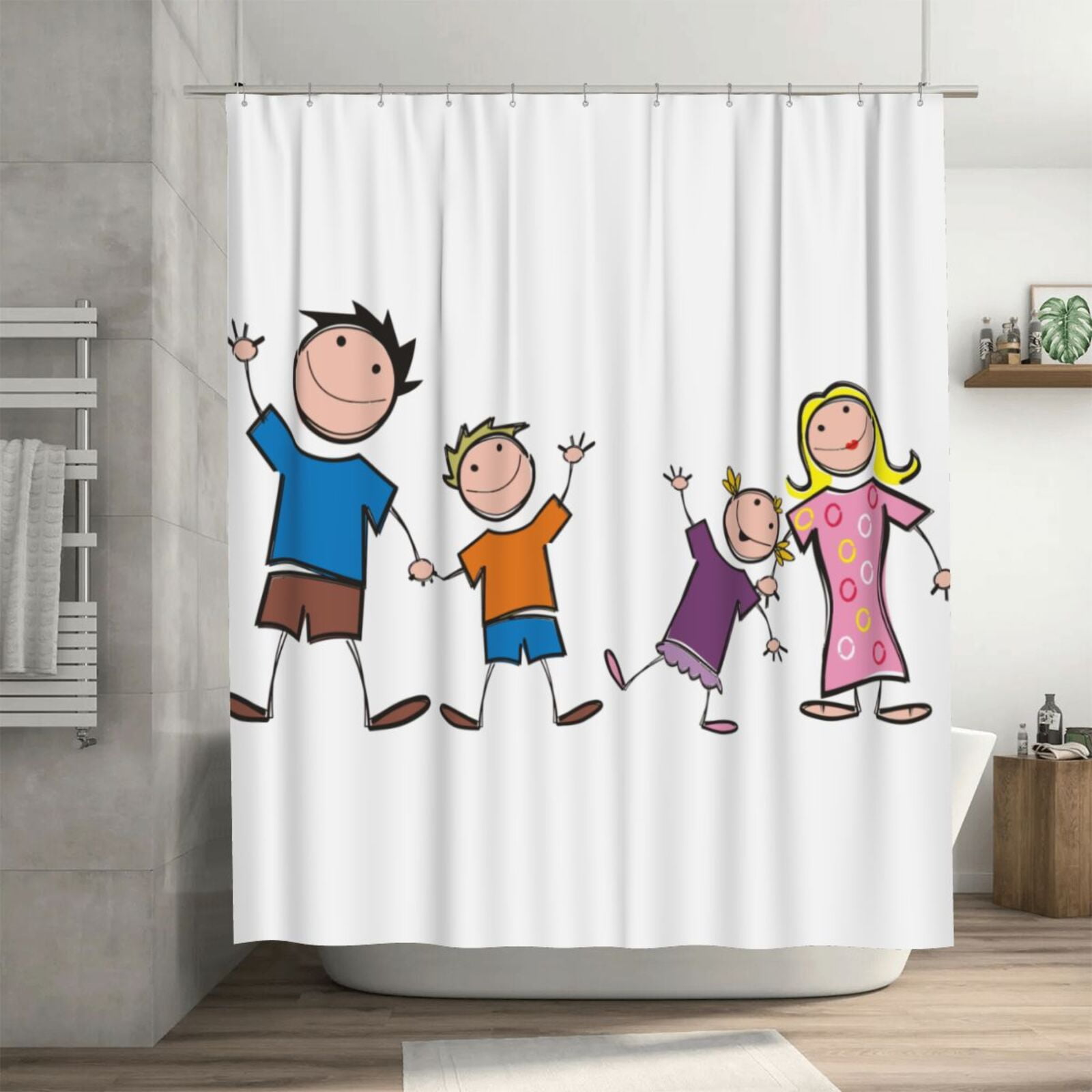 Comic Family Characters Pattern Shower Curtain, Cartoon Boy Girl ...