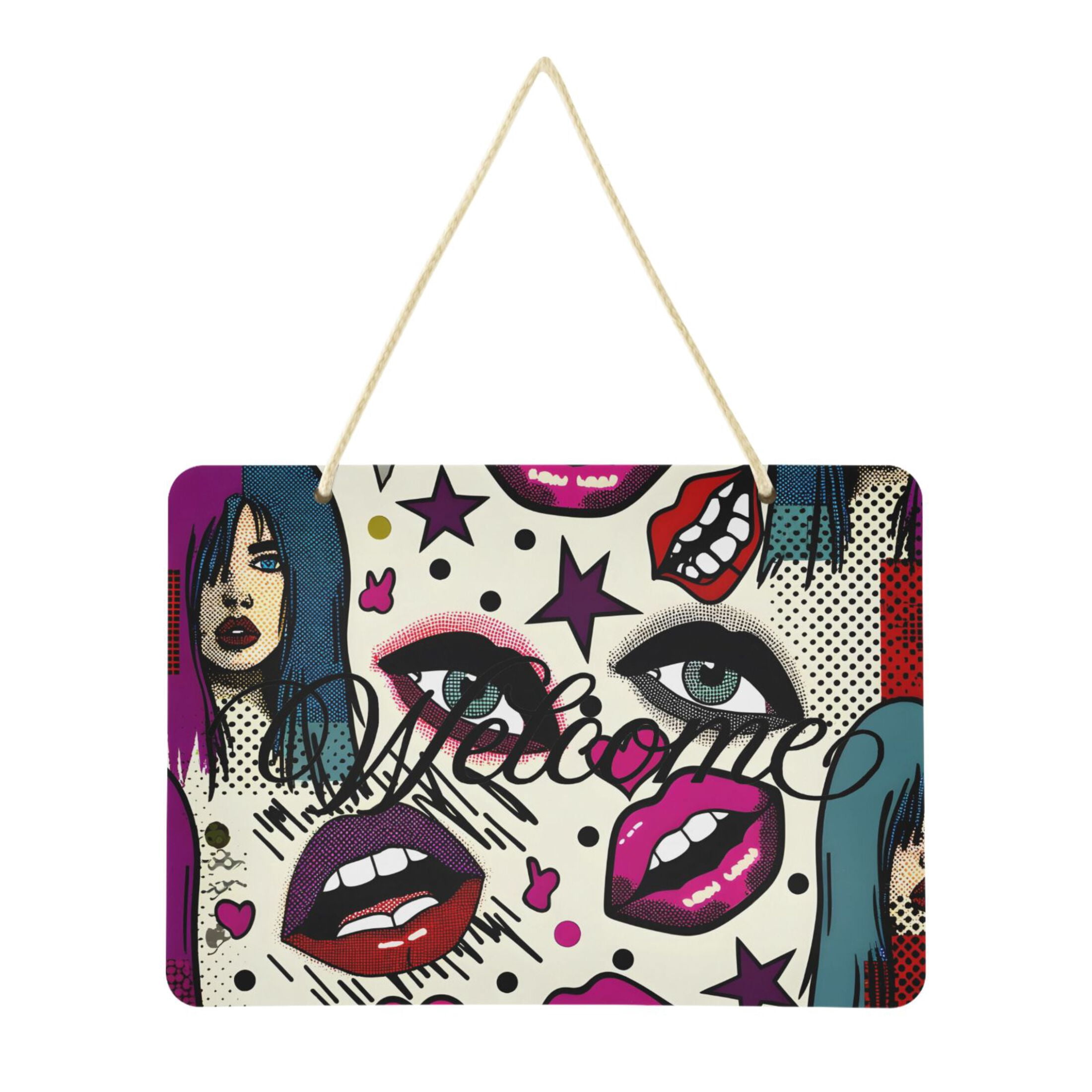 Comic Lips Eyes Stars Welcome Sign Front Door PVC 14x10 inch Hanger ...
