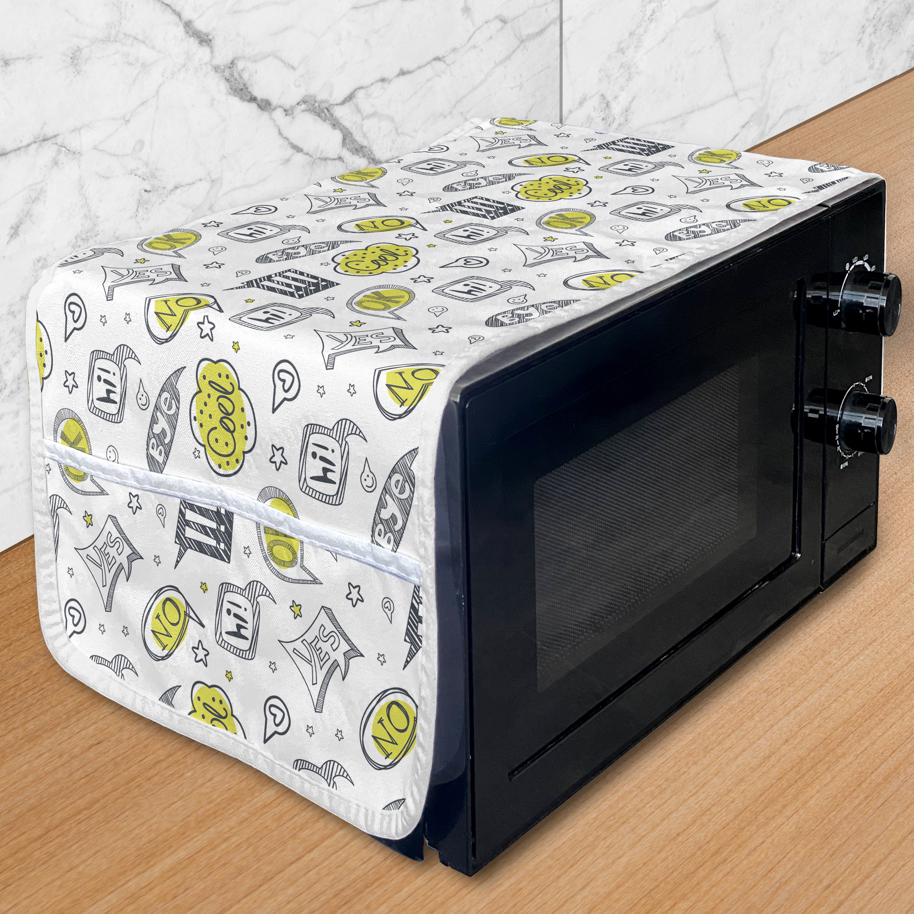 Comic Microwave Oven Cover, Speech Bubbles Sketch with Hi Okay No Yes ...