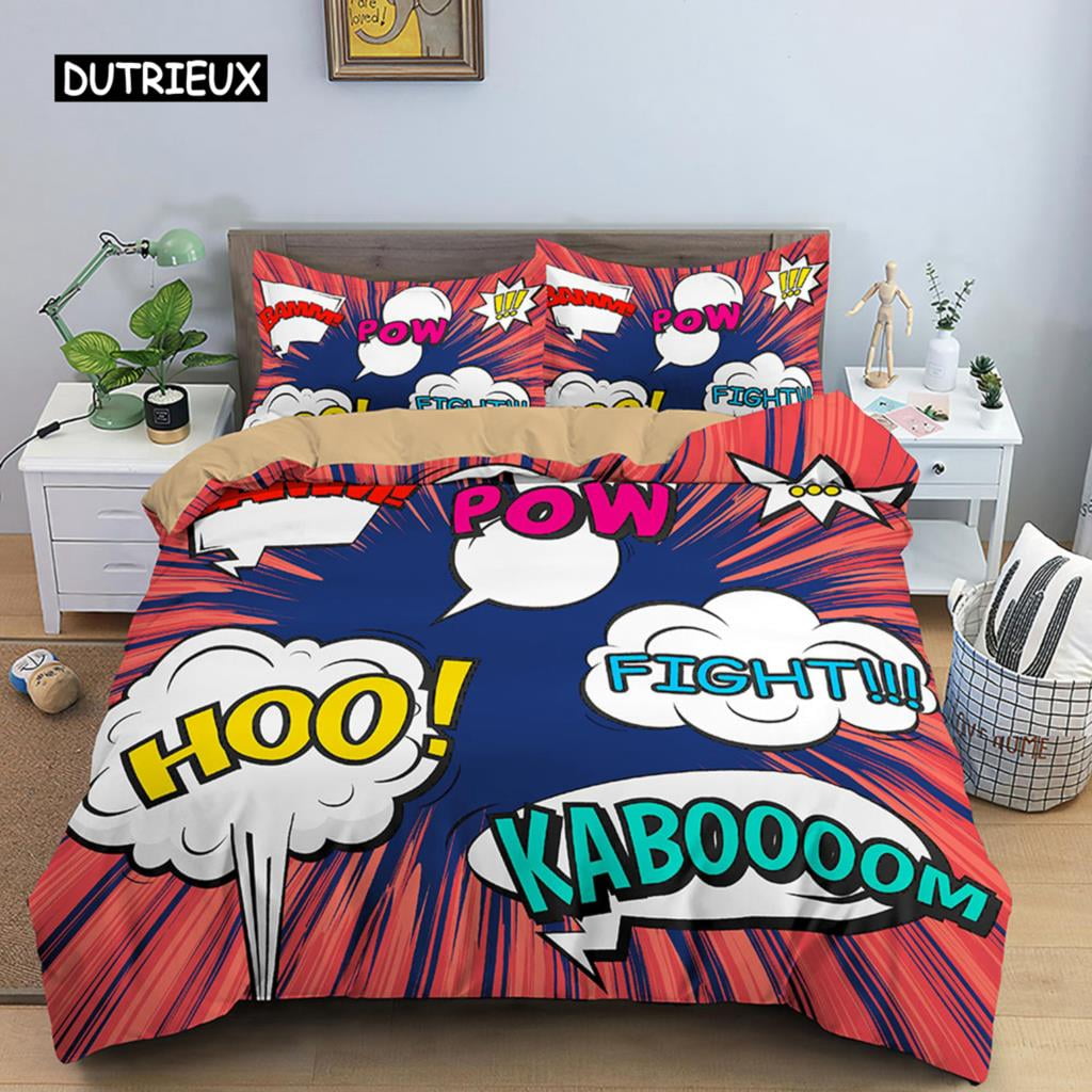 Comic Pattern Duvet Cover King Cartoon Bedding Set for Kids Boys Hippie ...