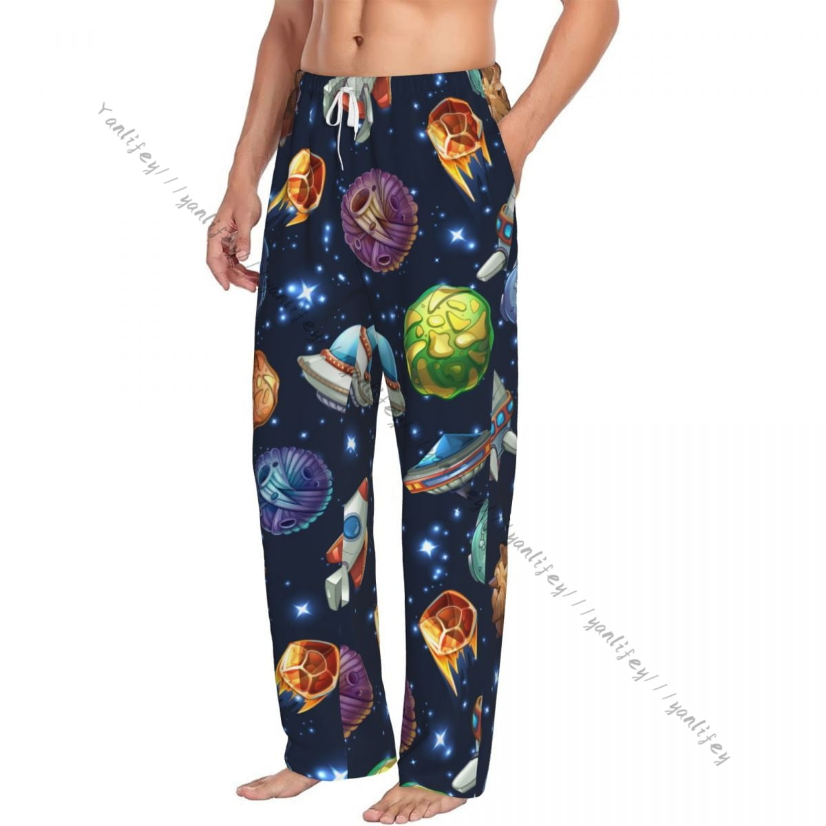 Comic Space With Planets Spaceships Mens Woman Pajamas Pyjamas Pants ...