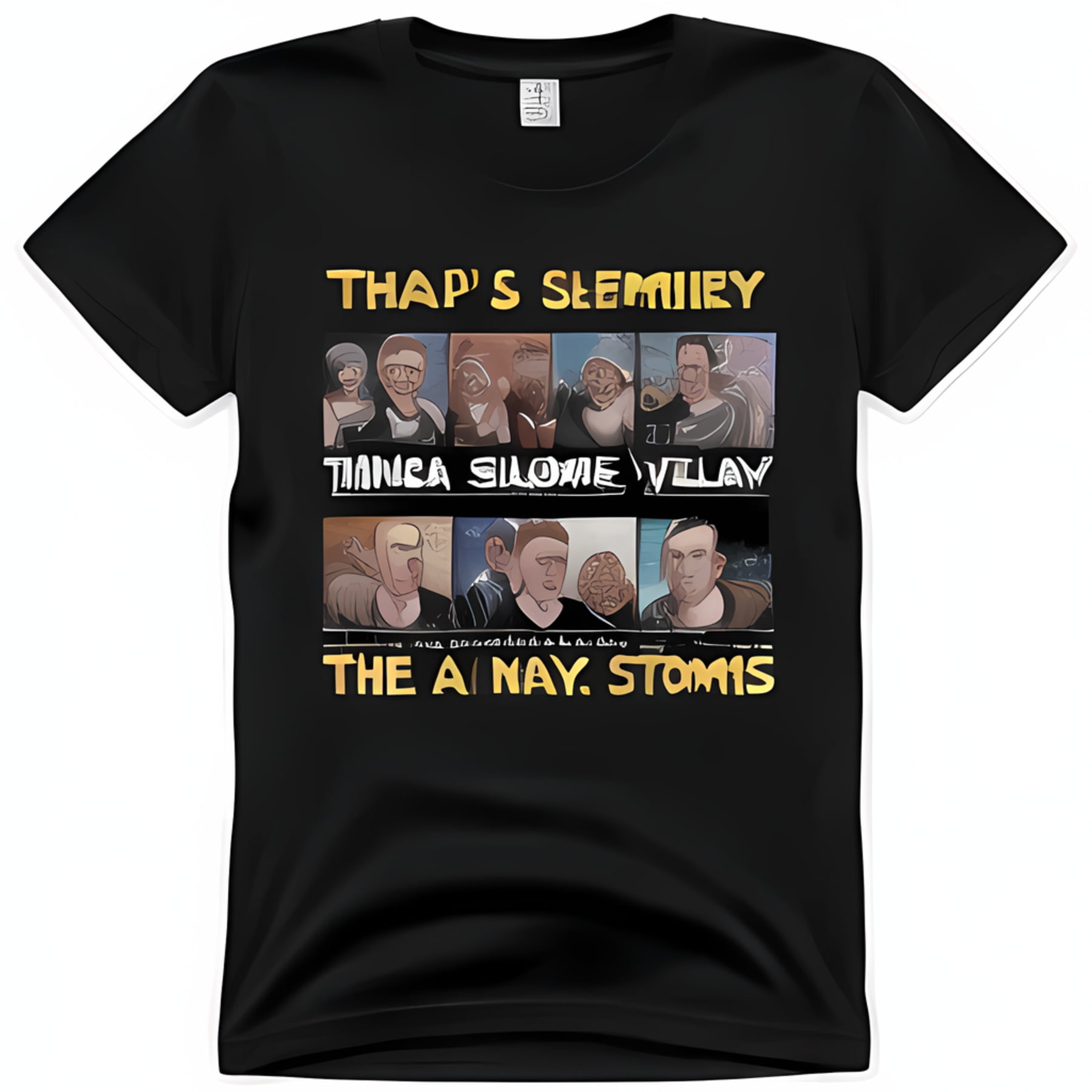 Comic Style Black T-Shirt with Unique CharacTeers and Golden LetTeering ...