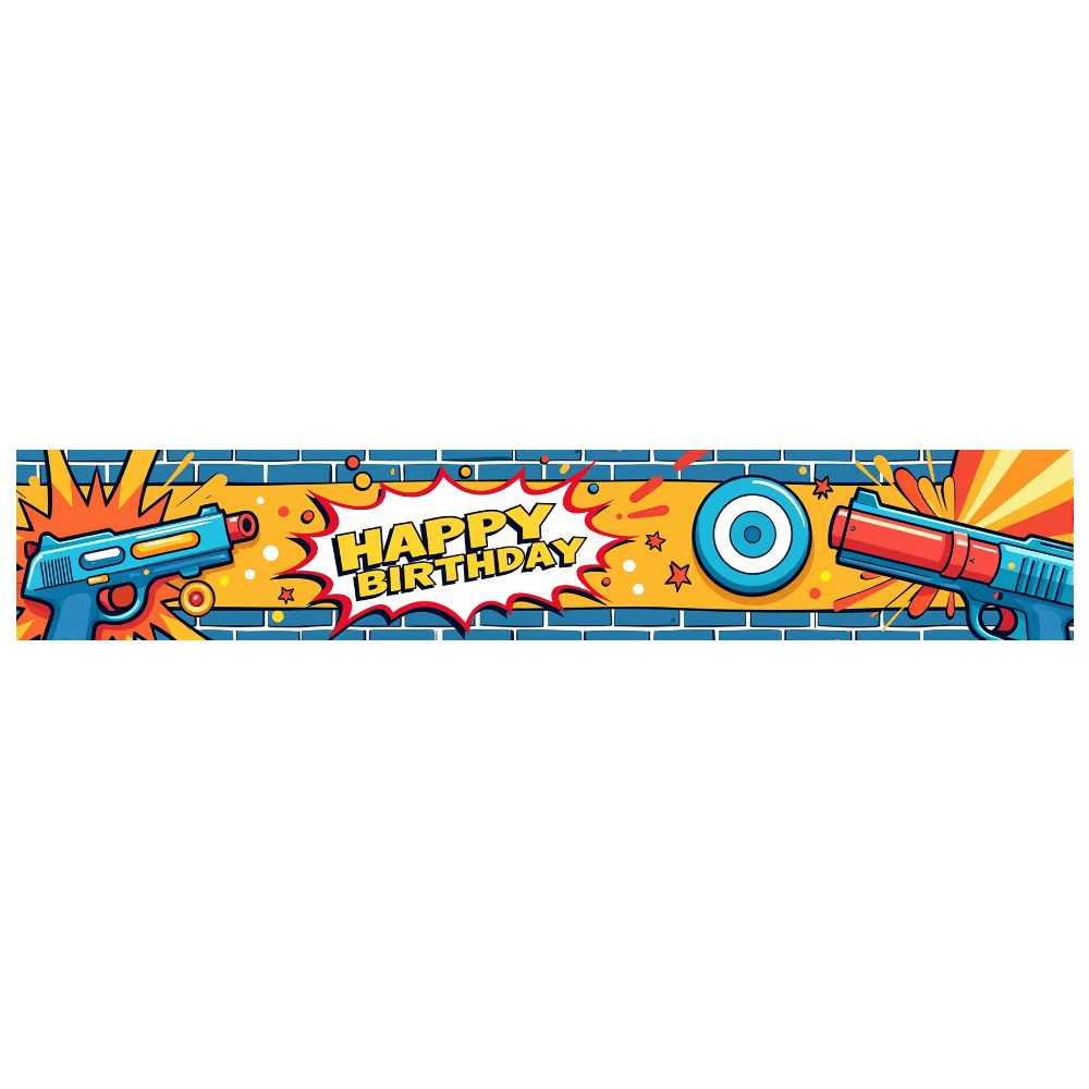 Comic Style Happy Birthday Banner with Toy Guns and Target Elements ...