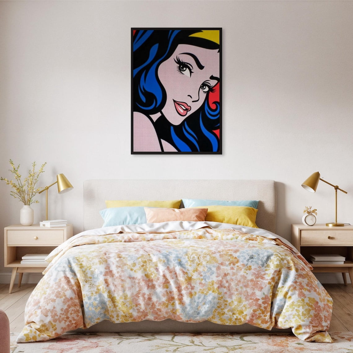 Comic Woman Art Poster Blue Hair Pop With Yellow Headband Bold Retro ...