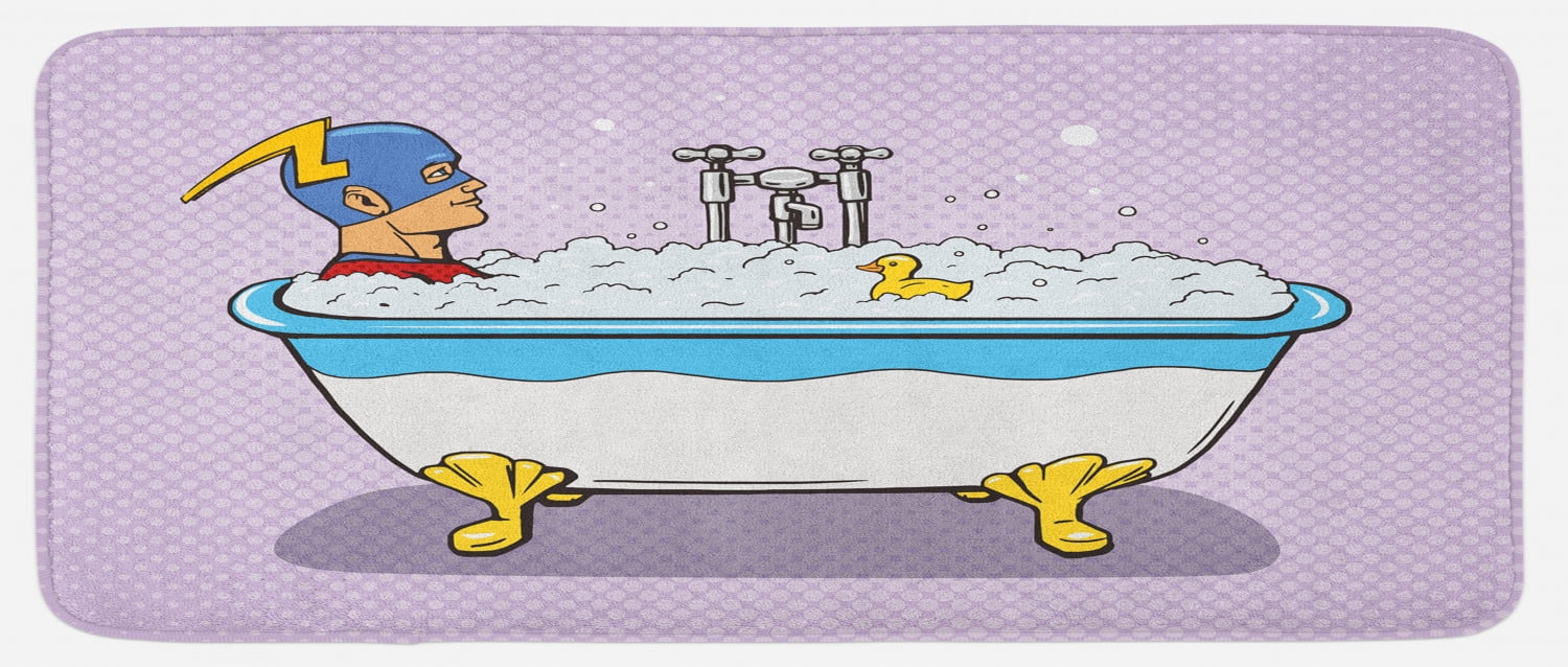 Comics Kitchen Mat, Superhero Fast Furious Relaxing in Bubble Bath ...