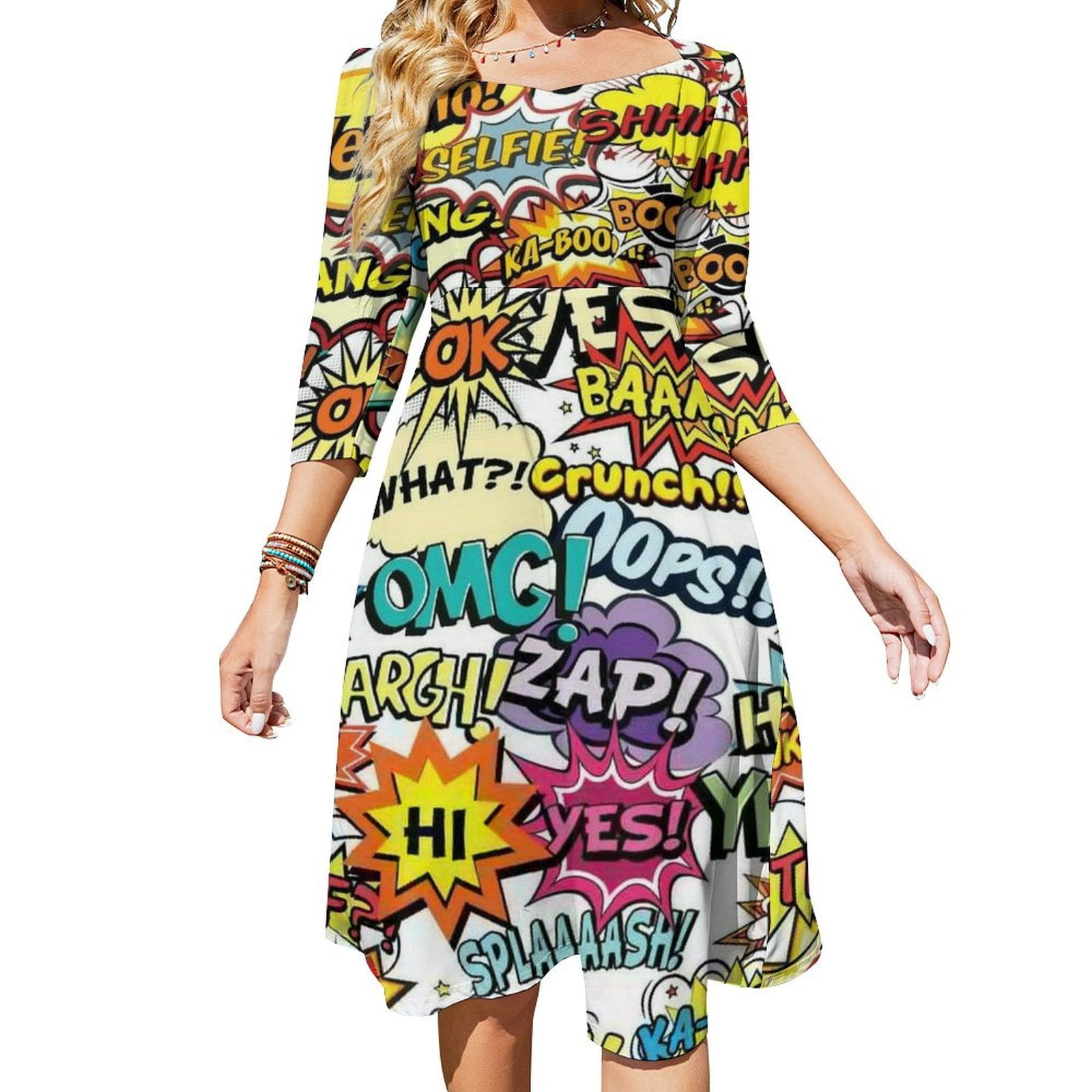Comics Pop Art Sweetheart Knot Flared Dress Fashion Design Large Size ...